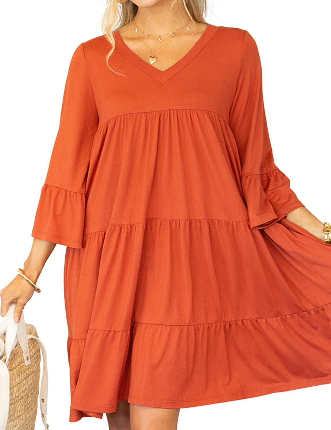 Doublju Womens Ruffle Layered Long Sleeve Midi Dress With Plus Size ...