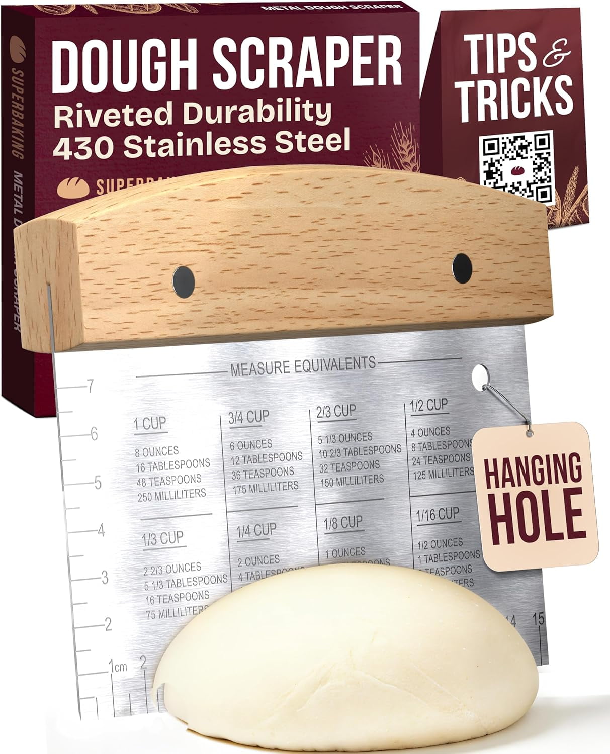 Dough Scraper - 6" Wooden Bench Cutter with Ruler Pastry & Cake Kitchen ...