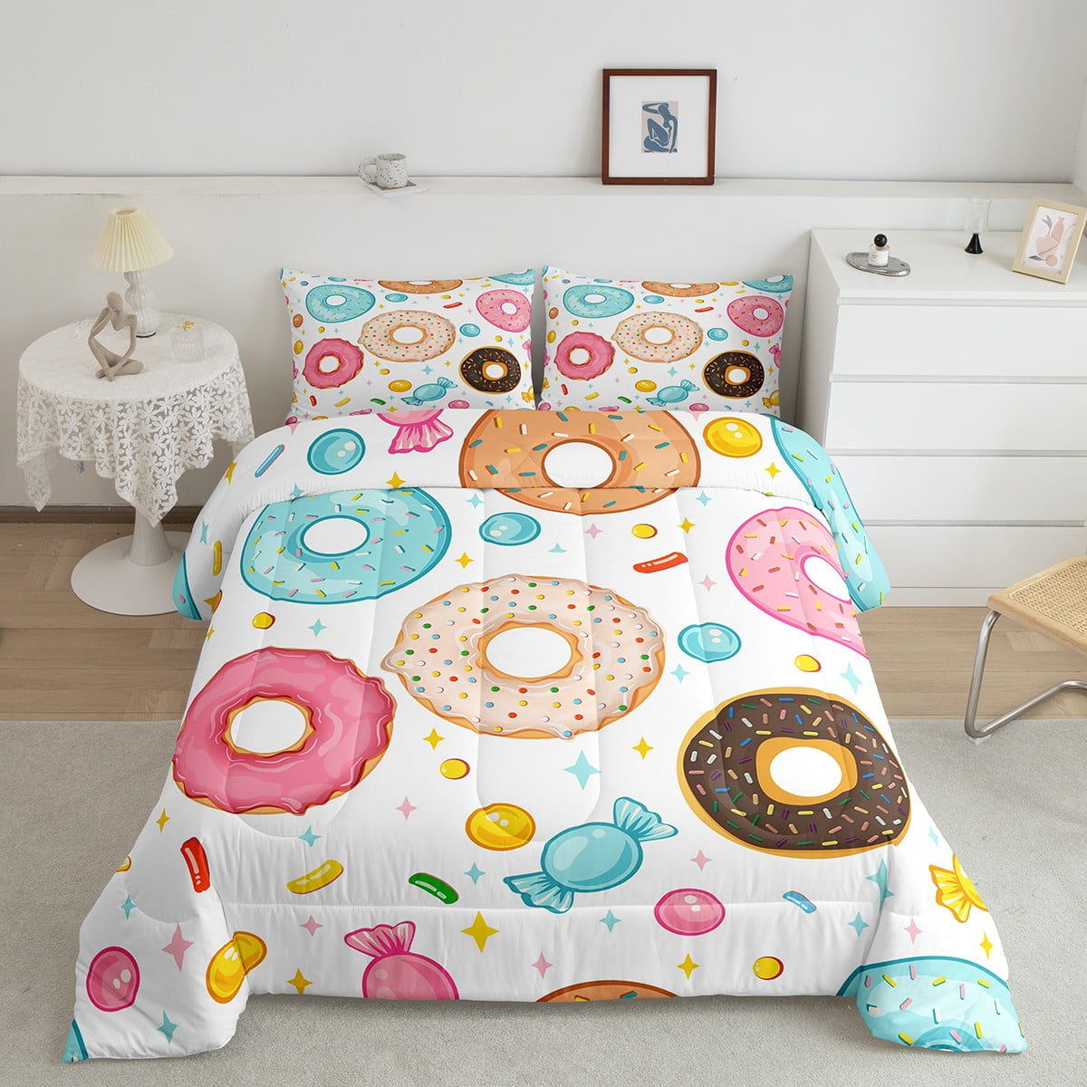 Doughnut Bedding Set Queen Comforter Set for Girls,Rainbow Circle Food ...