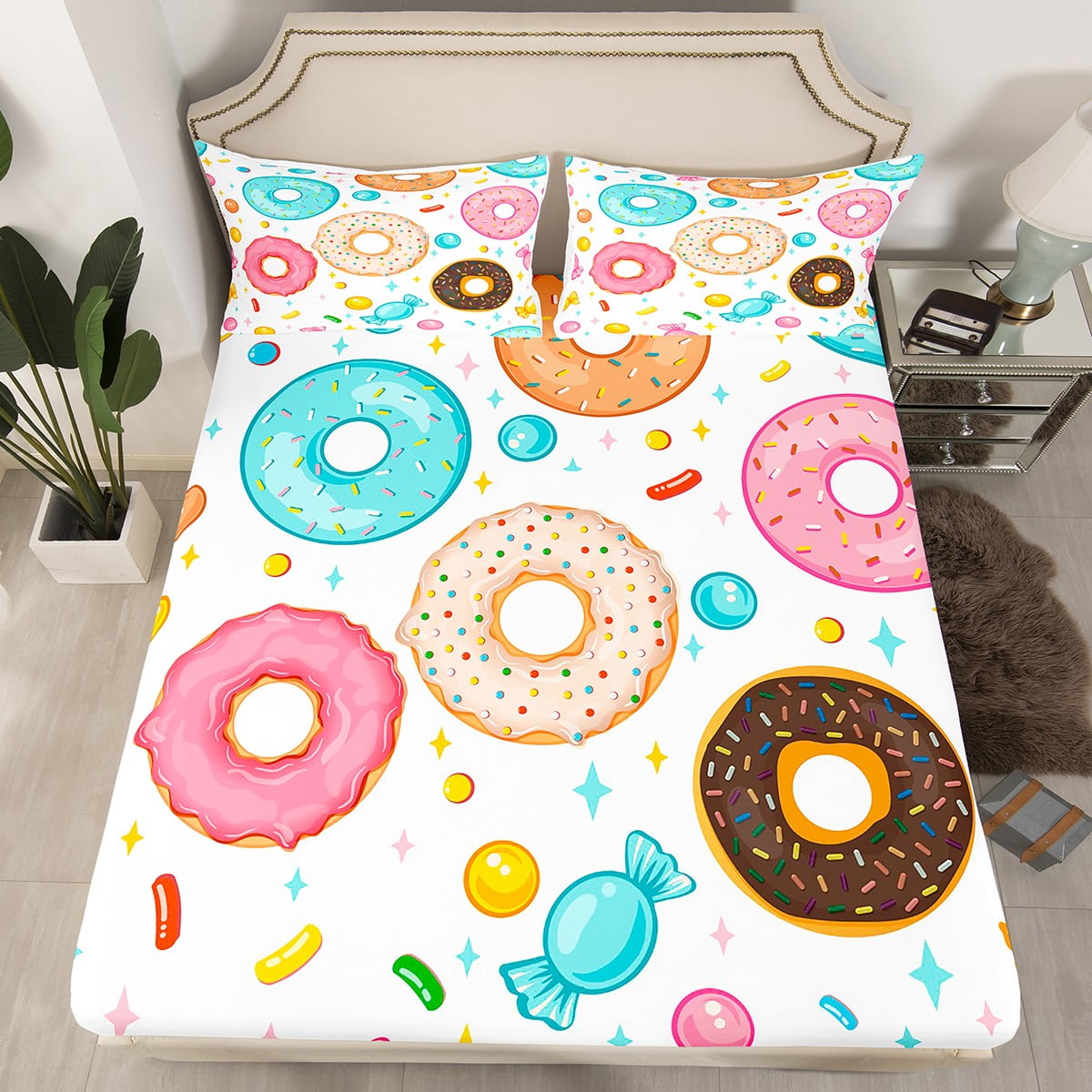 Doughnut Fitted Sheet Twin Bed Sheets,Rainbow Circle Food Bedding Set ...