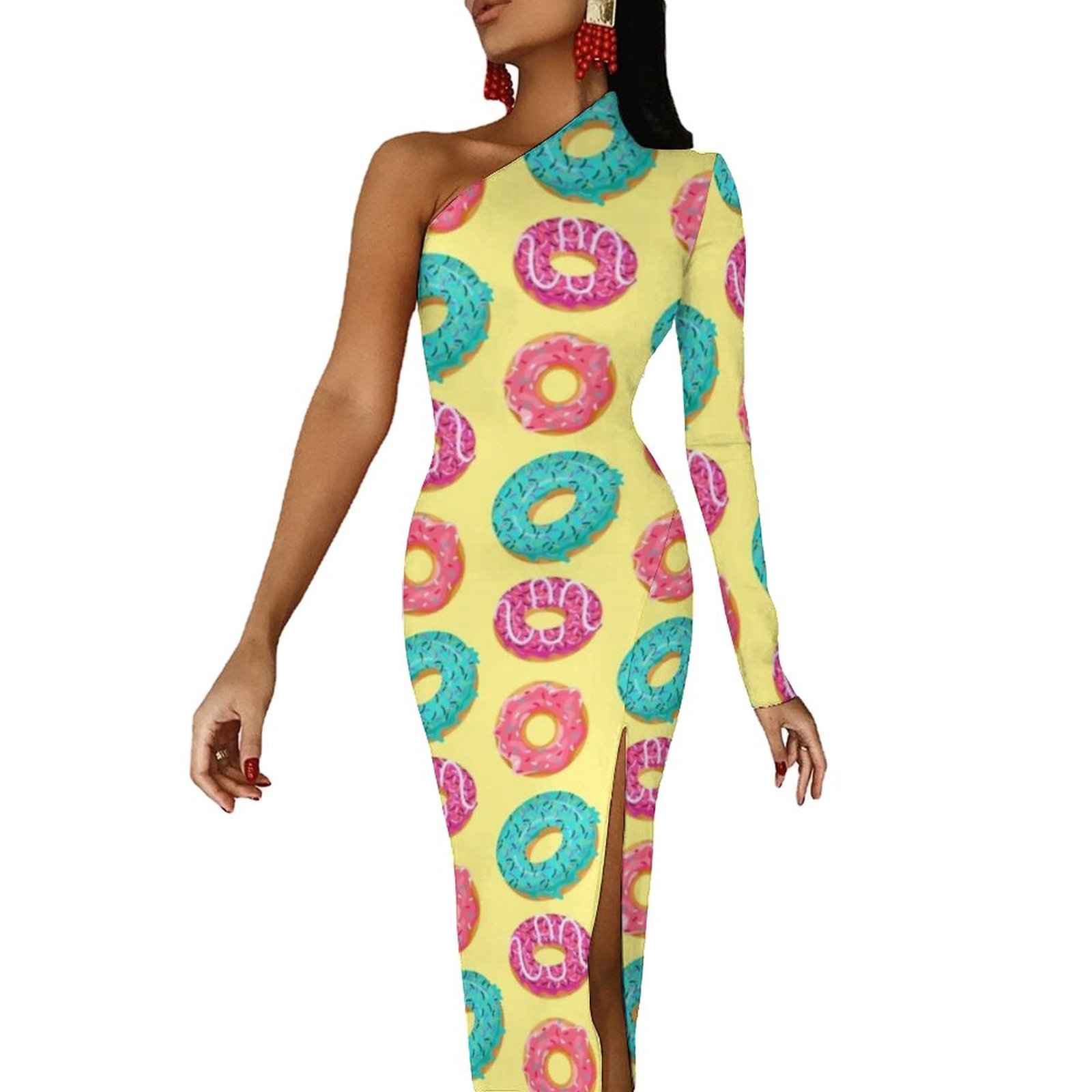 Doughnut Pattern Maxi Dress Long Sleeve Sweet Food Print Party Bodycon ...