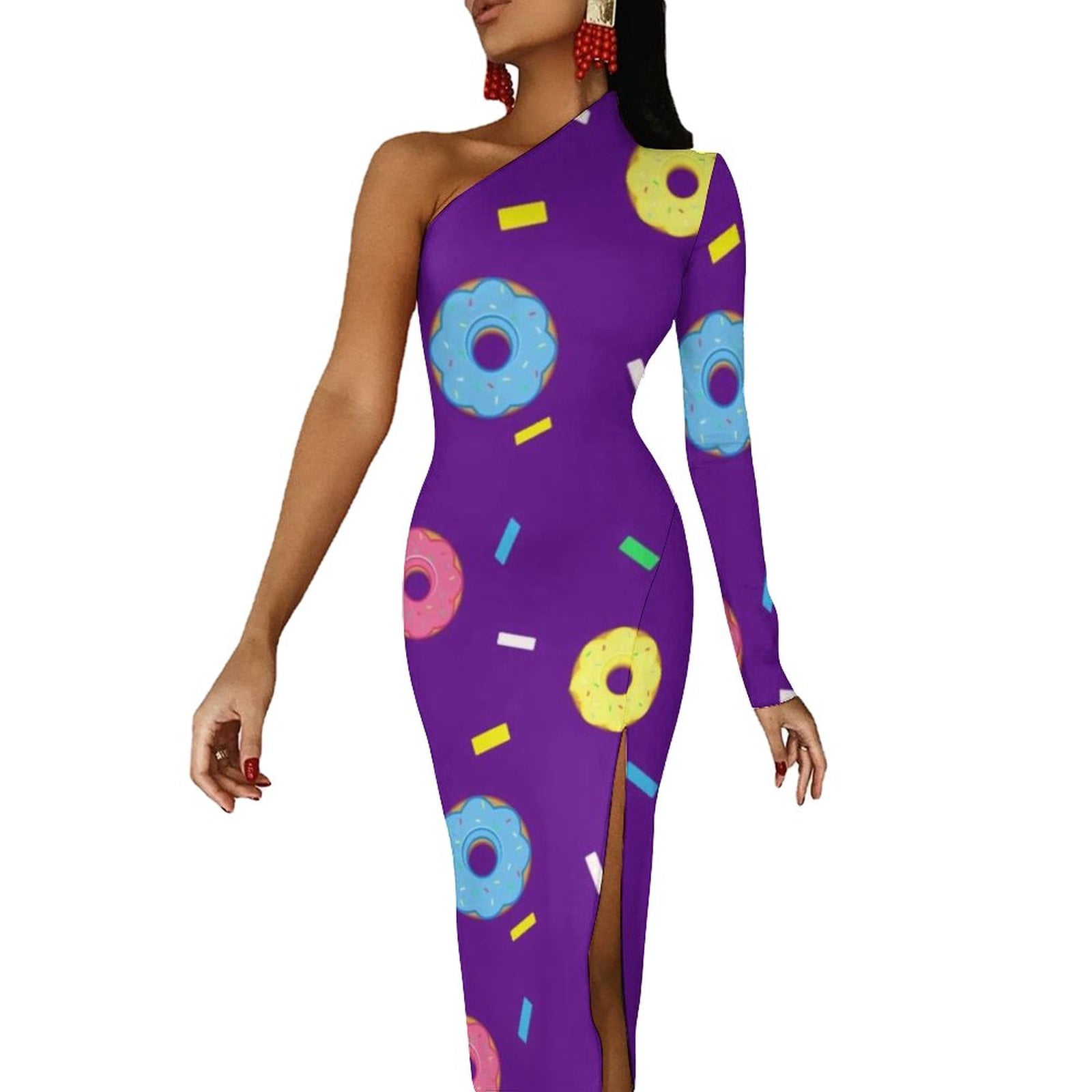Doughnut Pattern Maxi Dress Long Sleeve Sweet Food Print Party Bodycon ...