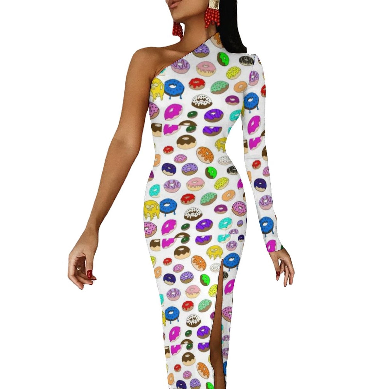 Doughnut Pattern Maxi Dress Long Sleeve Sweet Food Print Party Bodycon ...