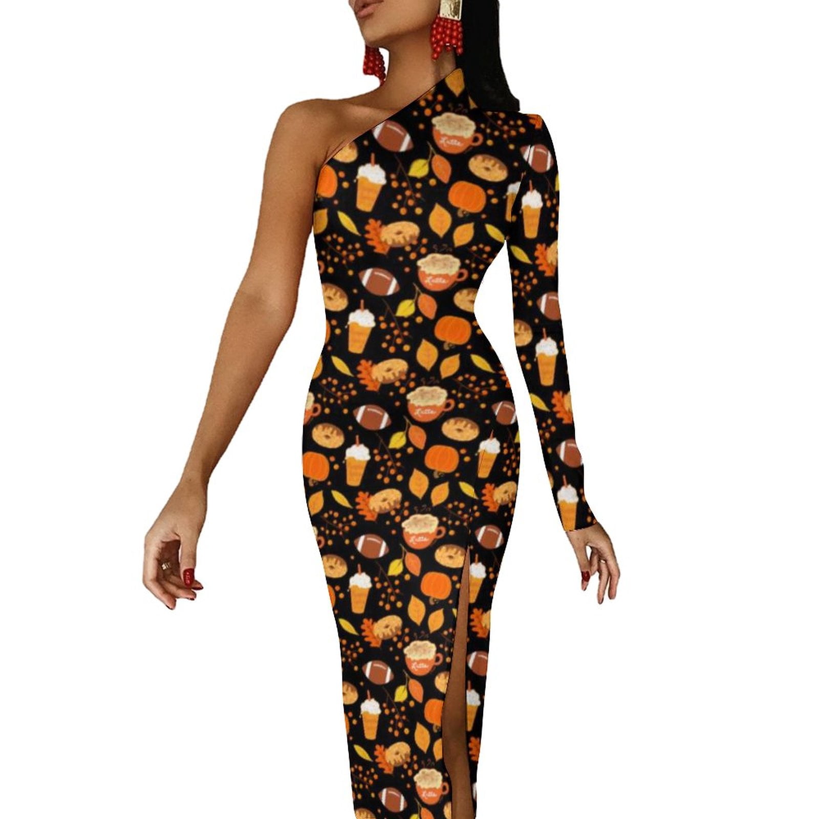 Doughnut Pattern Maxi Dress Long Sleeve Sweet Food Print Party Bodycon ...