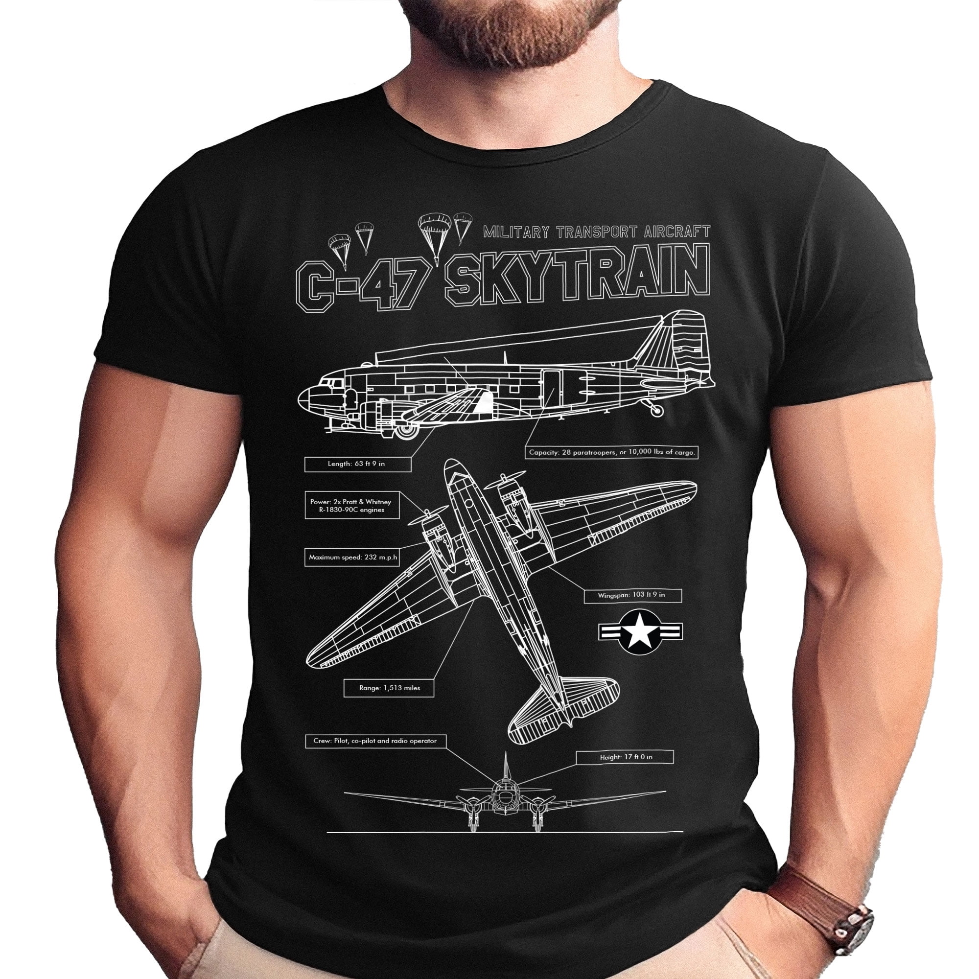 Douglas C-47 Skytrain Schematic Black Adult Shirt-Large - Walmart.com