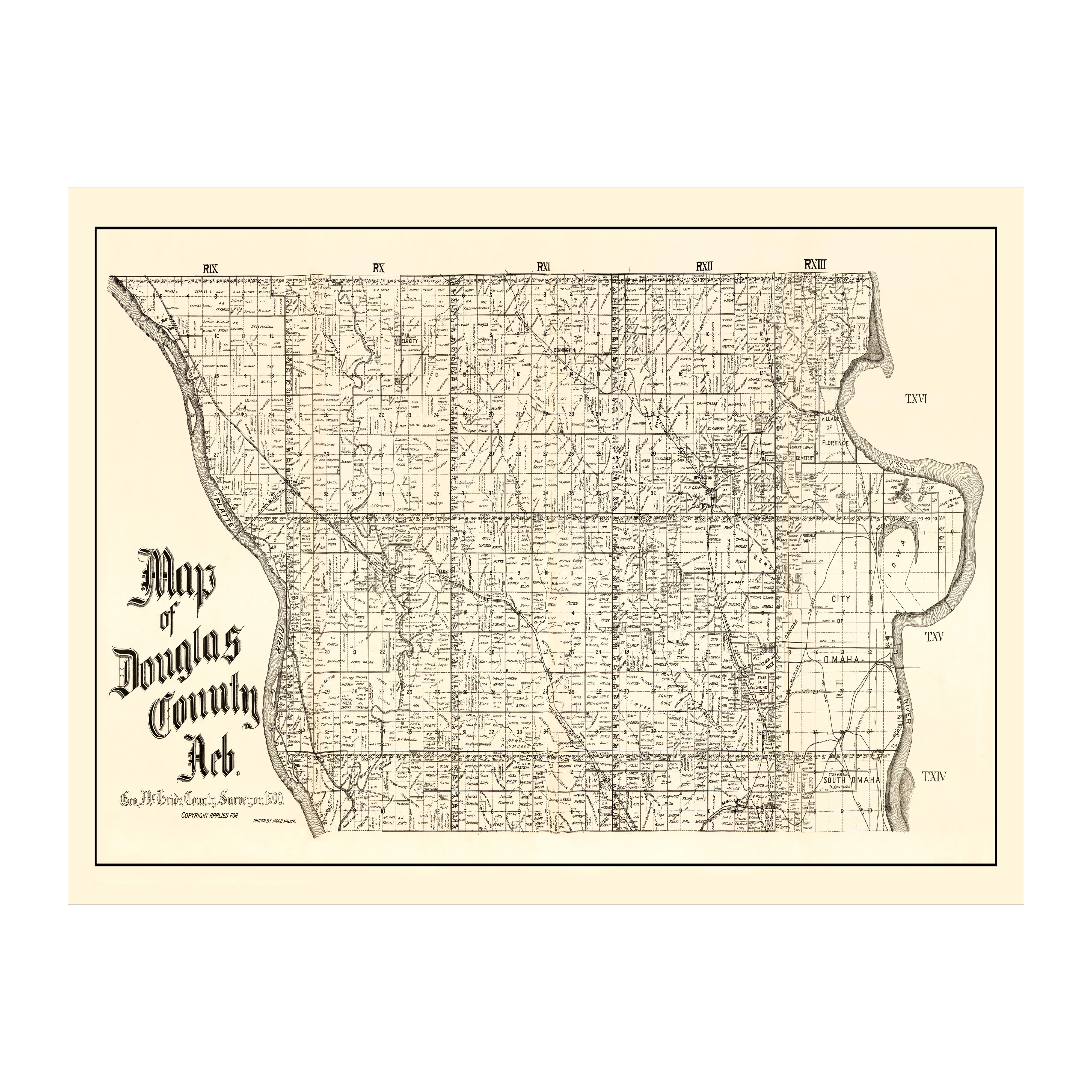 Douglas County Nebraska Art, 1900 Vintage Map of Douglas County NE ...