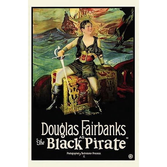 Douglas Fairbanks as a pirate holds a sword and sits on a treasure ...
