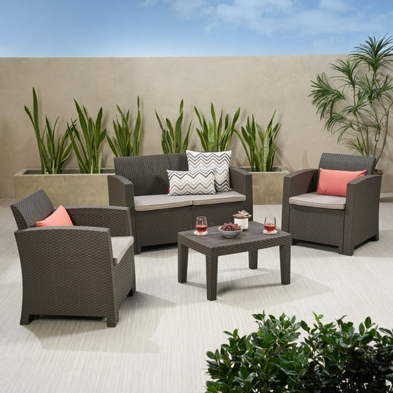 Douglas Outdoor 4 Piece Faux Wicker Rattan Style Chat Set with Cushions ...