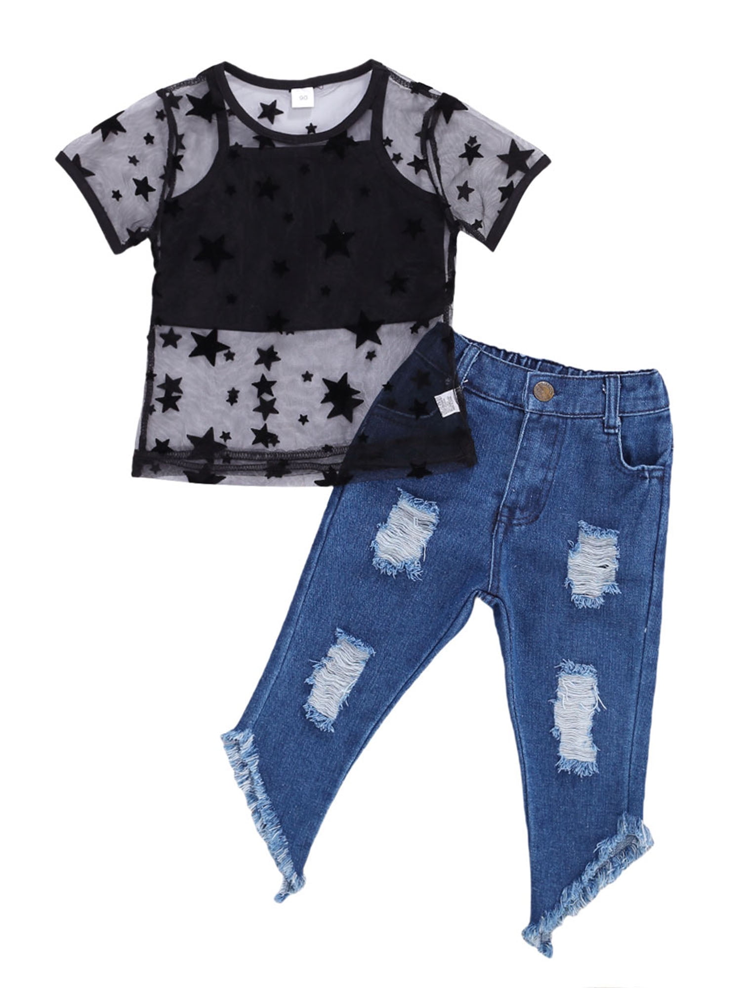 Douhoow 1-6 Years Girl Outfit Set Short Sleeve Star Sheer Tops Sling ...