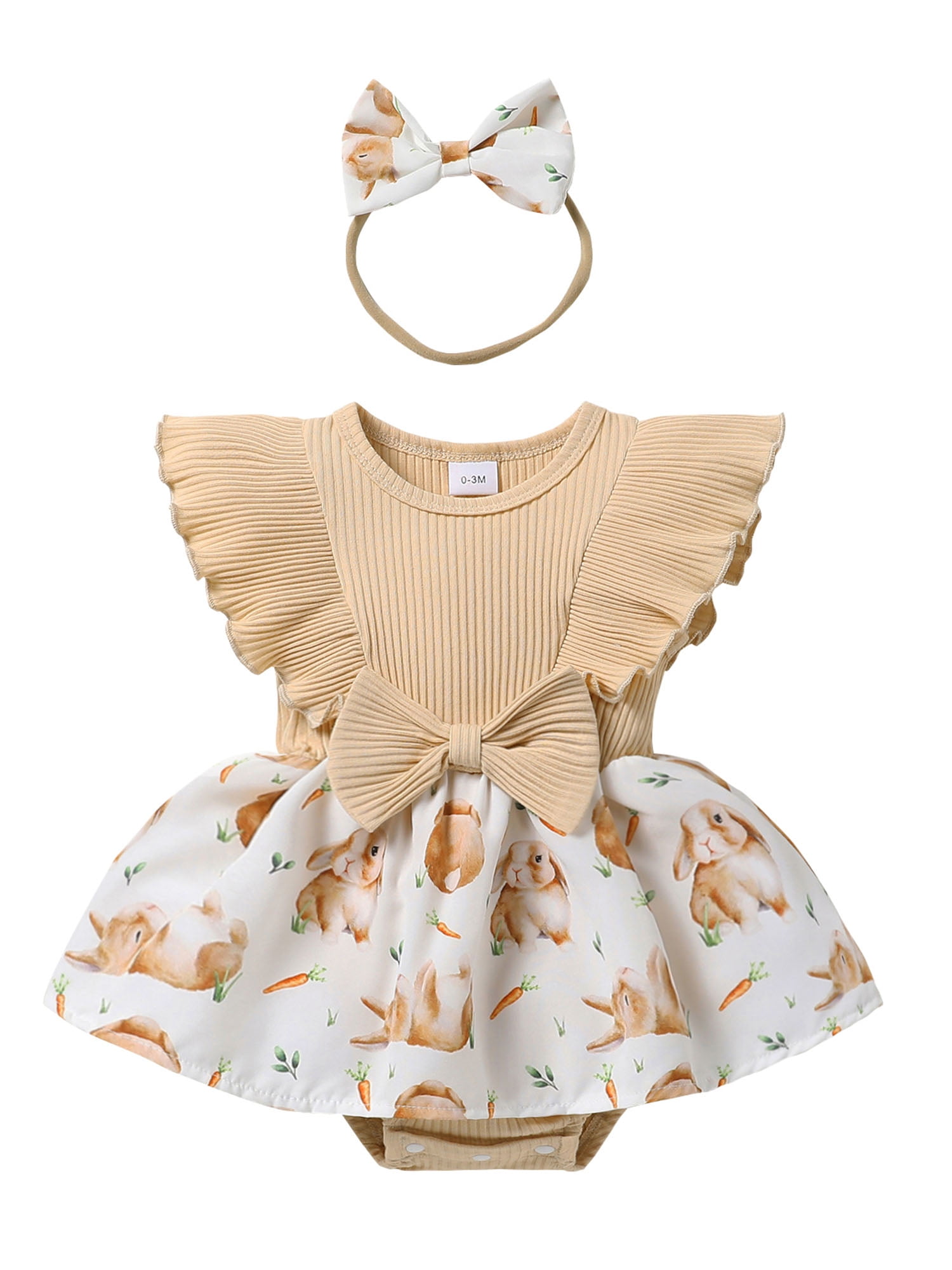 Douhoow Baby Girl Fly Sleeve Rabbit Print Romper Dress with Bowknot ...