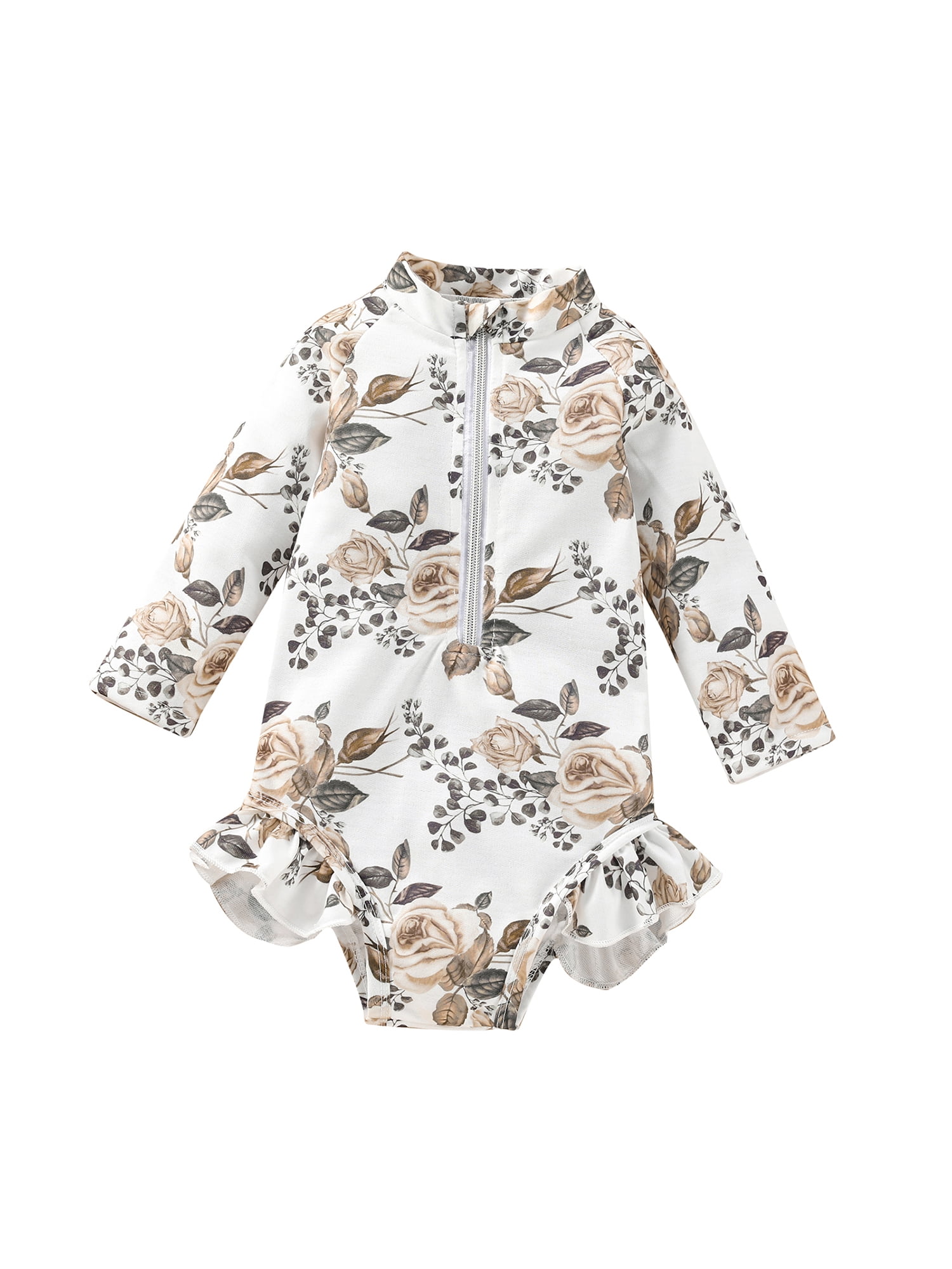 Douhoow Baby Girl One Piece Swimsuits Floral Print Long Sleeve Zip-up Ruffle Jumpsuit Swimwear ...
