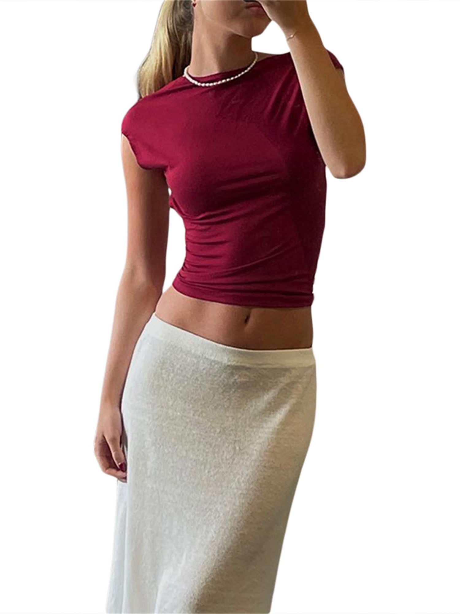 Douhoow Cut Out Backless Cropped Top Woman Solid Short Sleeve Skinny ...