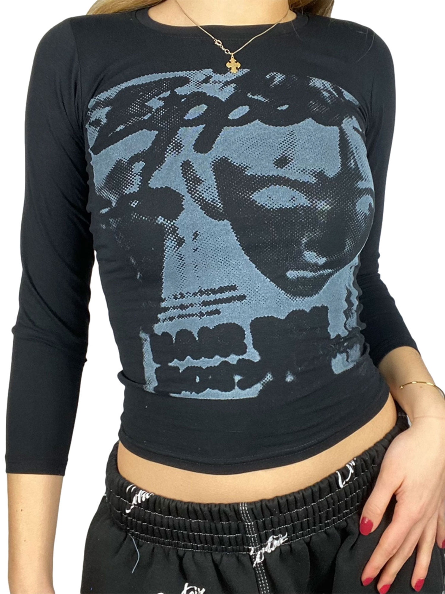 Douhoow Gothic Print T-shirt Women Long Sleeve Slim Fit Crop Top ...