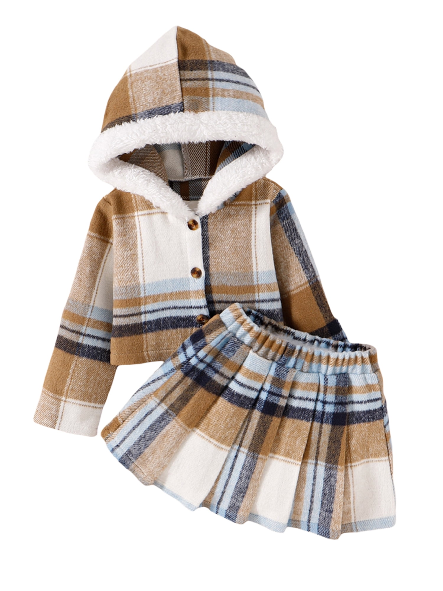 Douhoow Little Girl Autumn Clothes Set Plaid Button Hood Coat+A-Line ...
