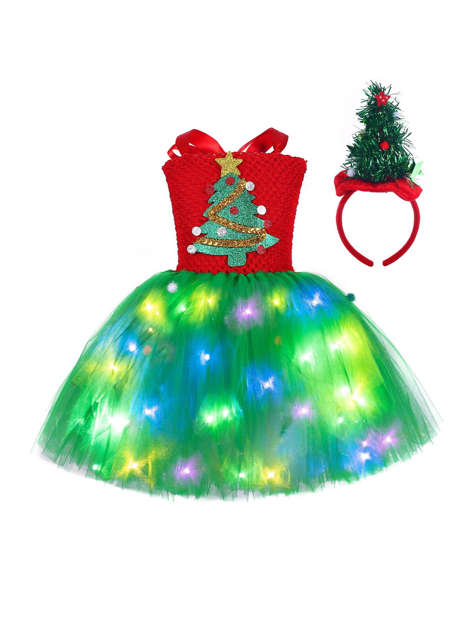 Douhoow Little Girls Christmas Tree Dress 2-8 Years Kids LED Light Mesh ...