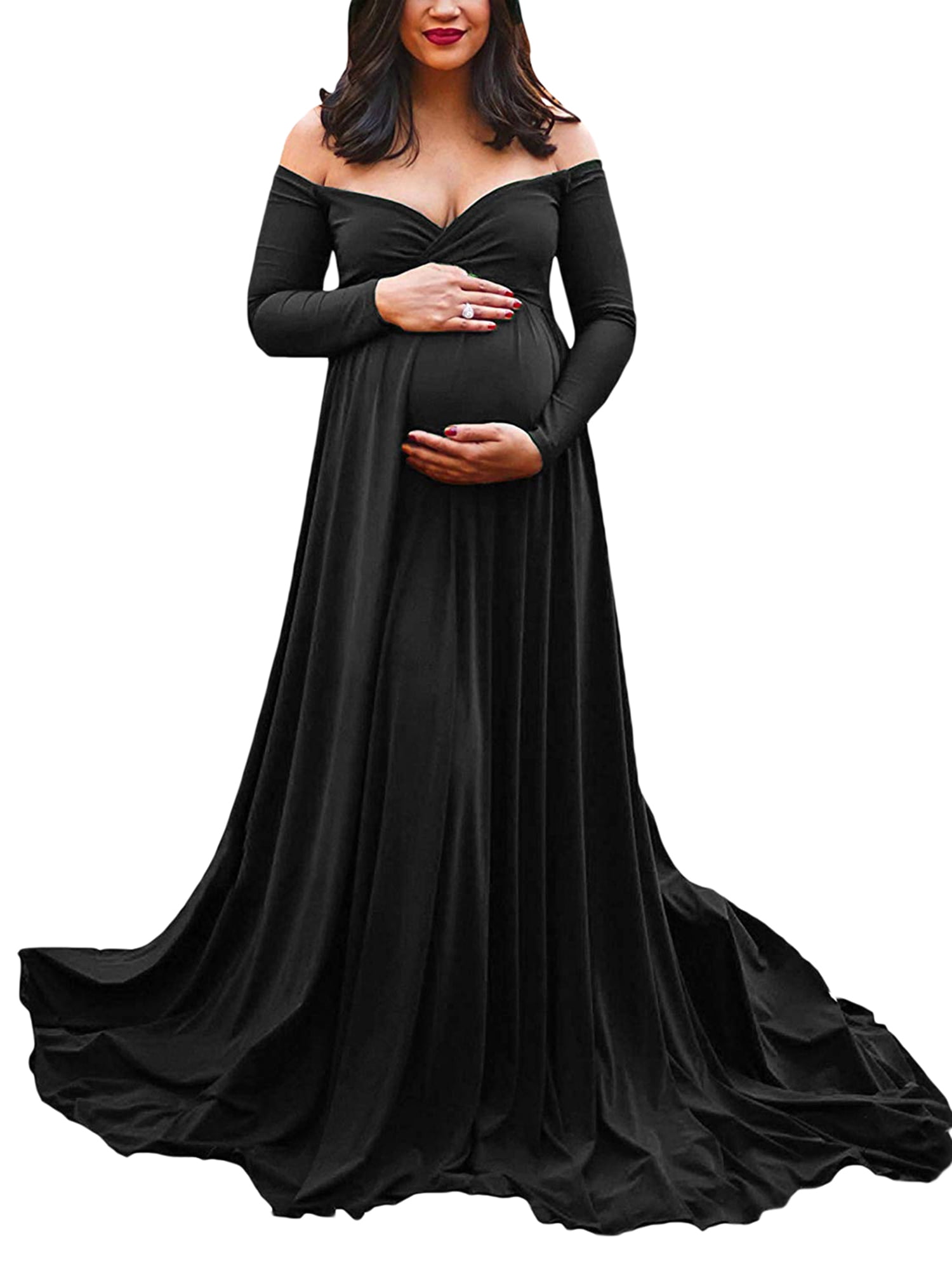 Douhoow Maternity Dress Off Shoulder Long Dresses Solid Color V-Neck ...