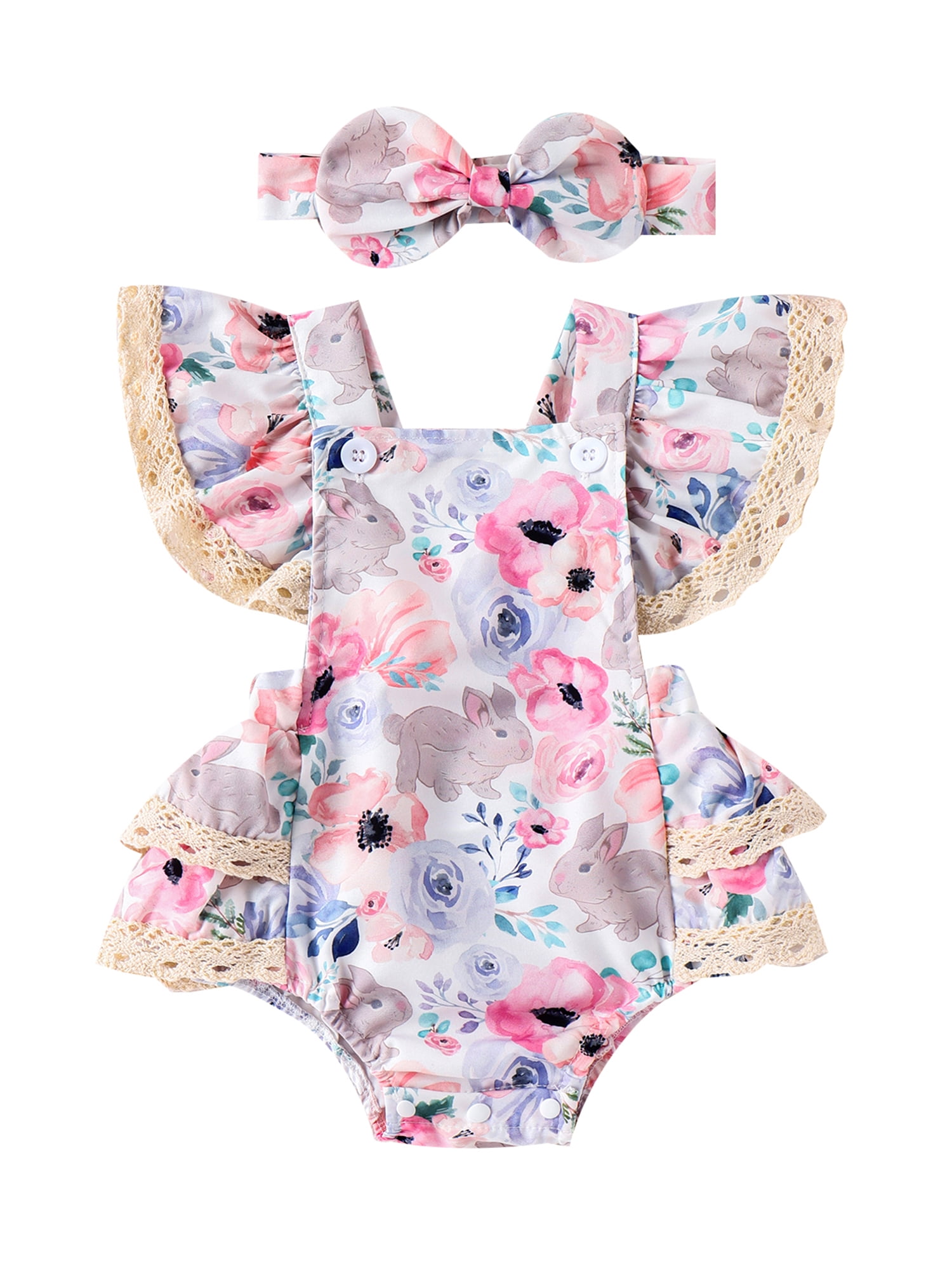 Douhoow Newborn Baby Girl Easter Bunny Romper Infant Lace Ruffle Short Sleeve Floral Jumpsuit ...