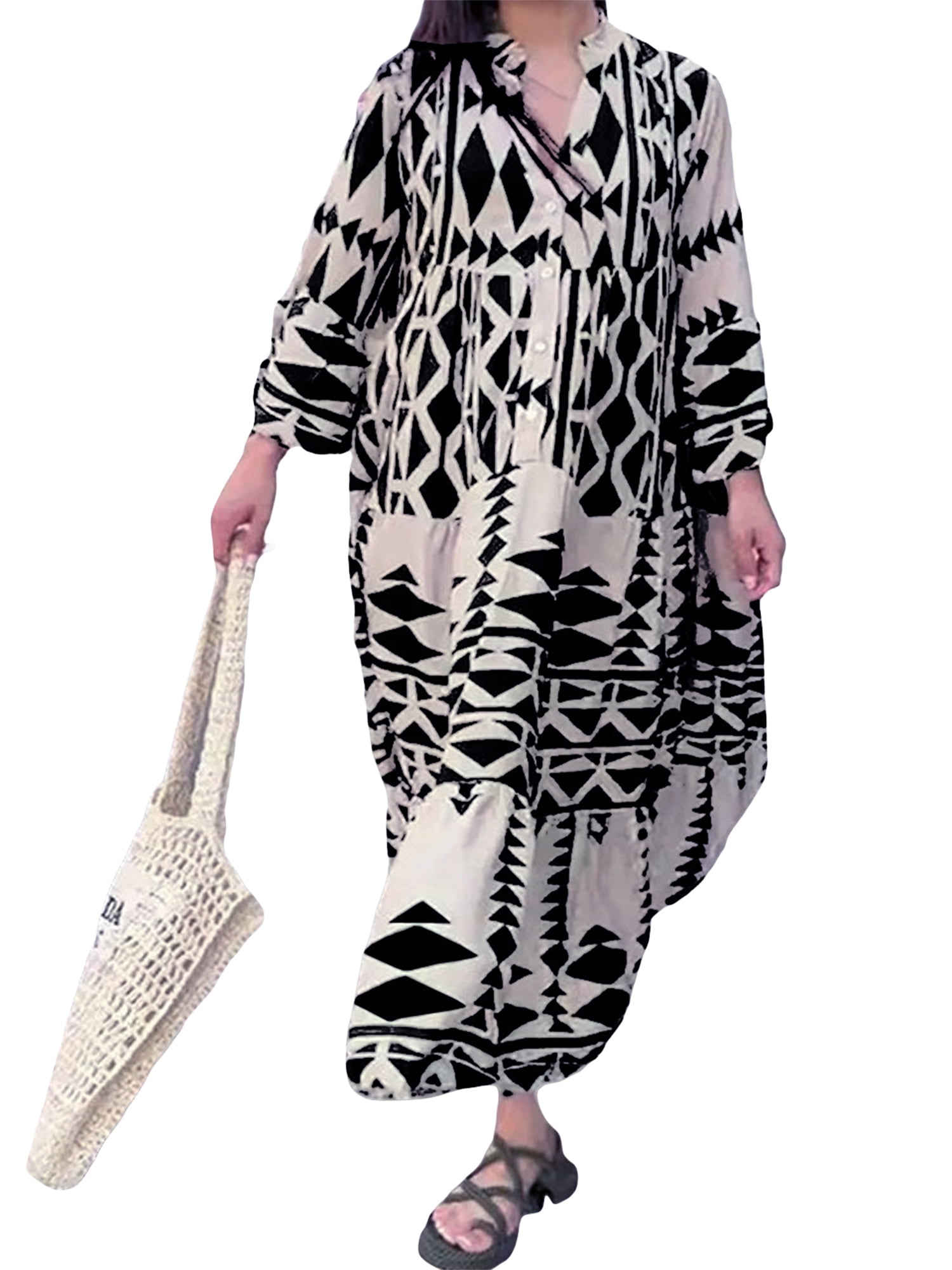 Douhoow Pluse Size Women Bohemian Long Dress Long Sleeve Button Down ...