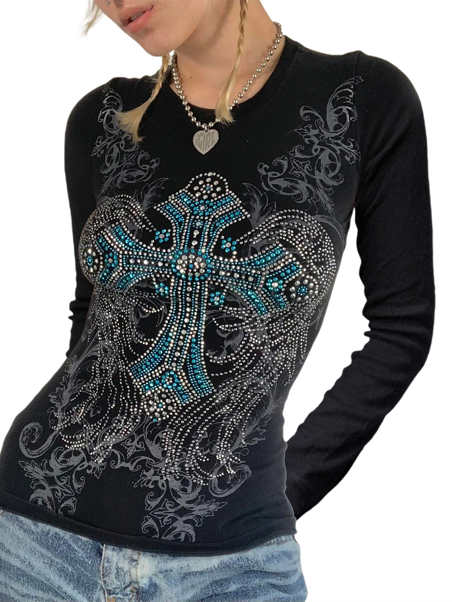 Douhoow Rhinestone T-Shirts for Women Long Sleeve Slim Tops Cross Wings ...