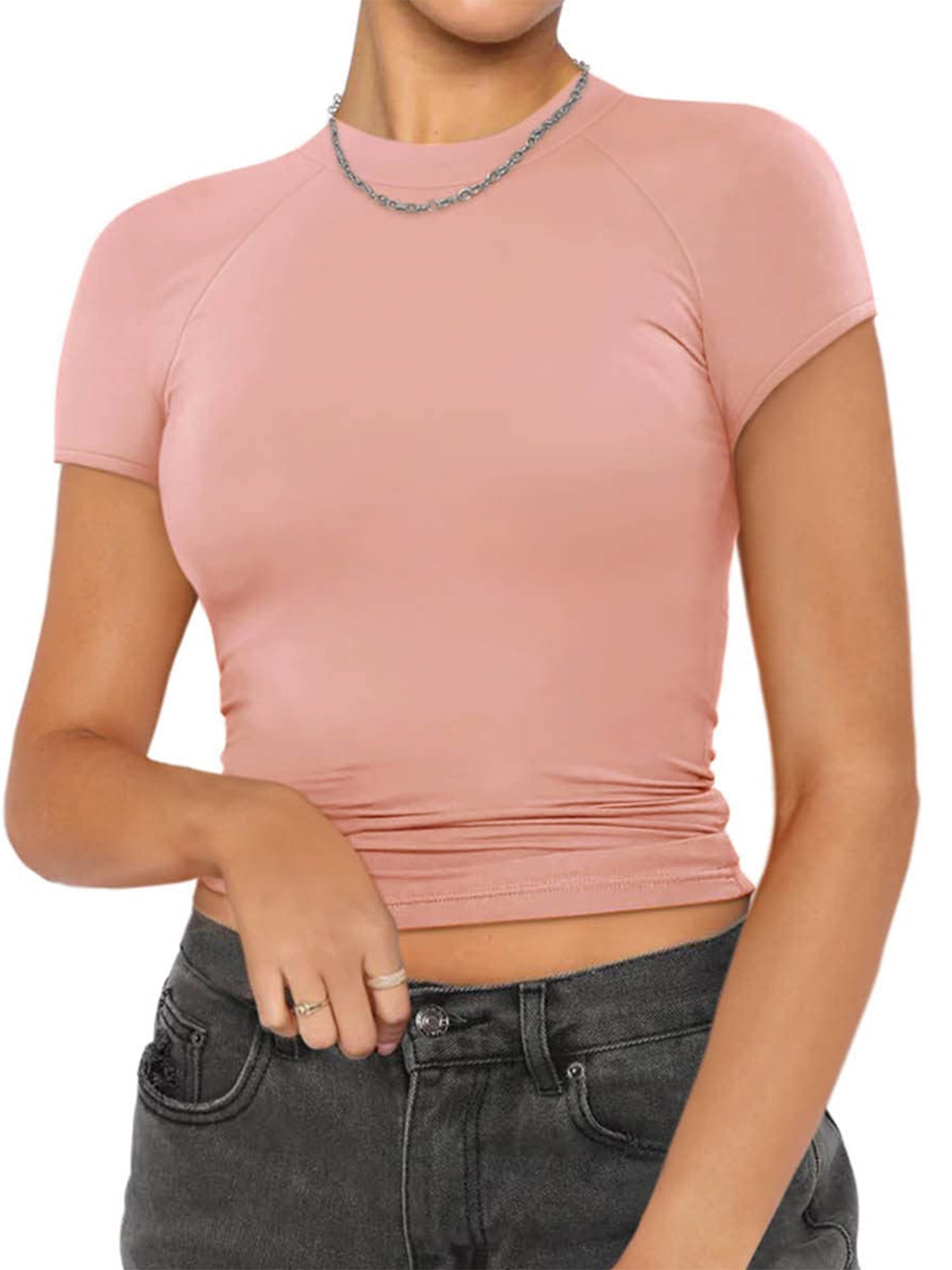 Douhoow Short Sleeve T-Shirts for Women Solid Color Crop Top Slim Fit ...