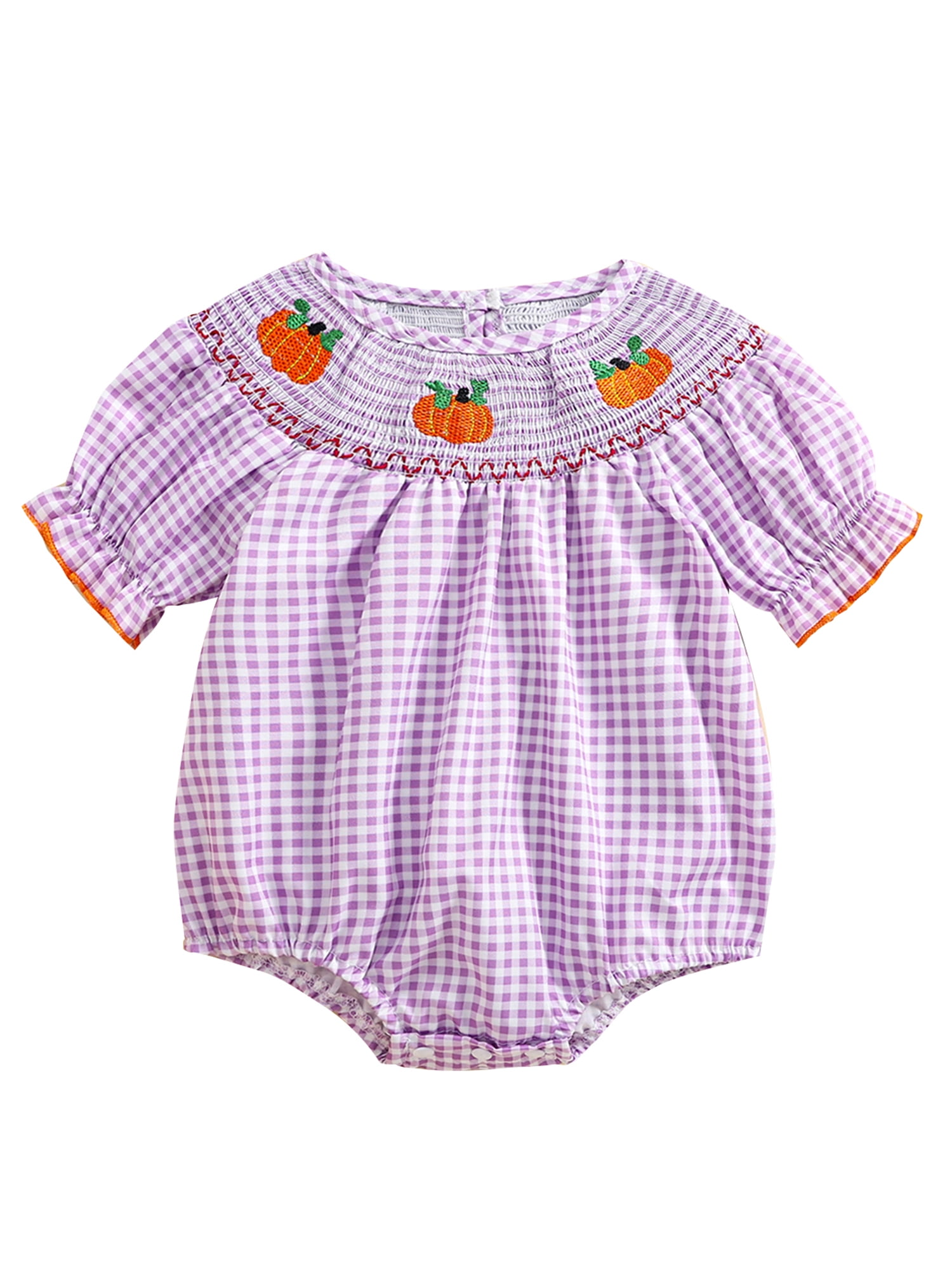 Douhoow Toddler Baby Girl Pumpkin Bodysuits Halloween One Piece Tops Plaid Short Puff Sleeve ...