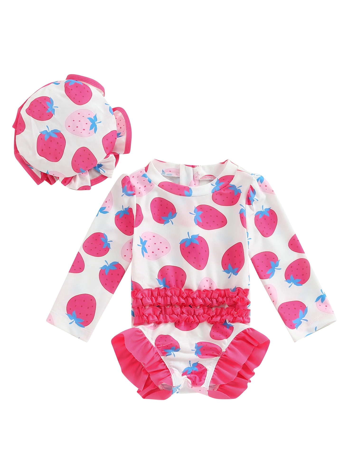 Douhoow Toddler Girls Swimsuit with Sun Hat, Baby Strawberry Print Long Sleeve Ruffle Bathing ...