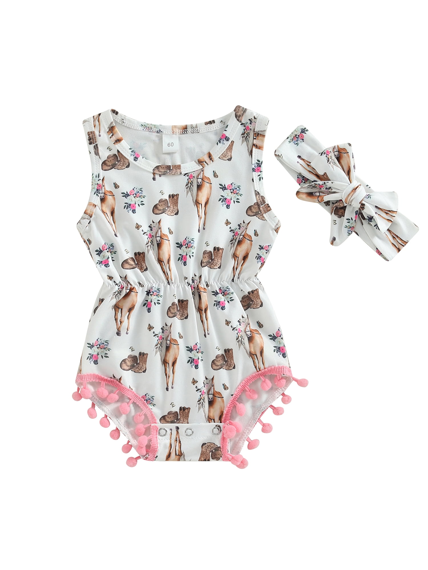Douhoow Western Baby Girls Cow Print Romper Sleeveless Pom Pom Bodysuit One Piece Jumpsuit ...