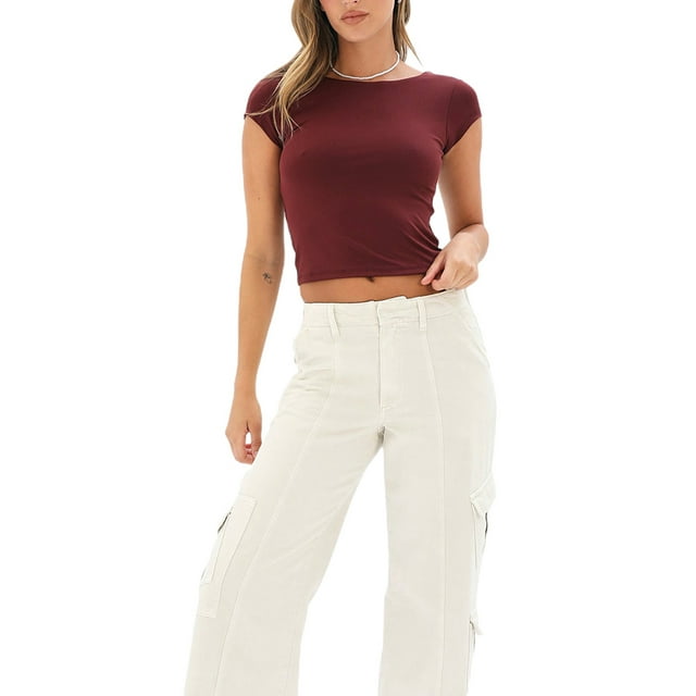 Douhoow Women Backless T-Shirts Summer Short Sleeve Solid Slim Fit Crop ...