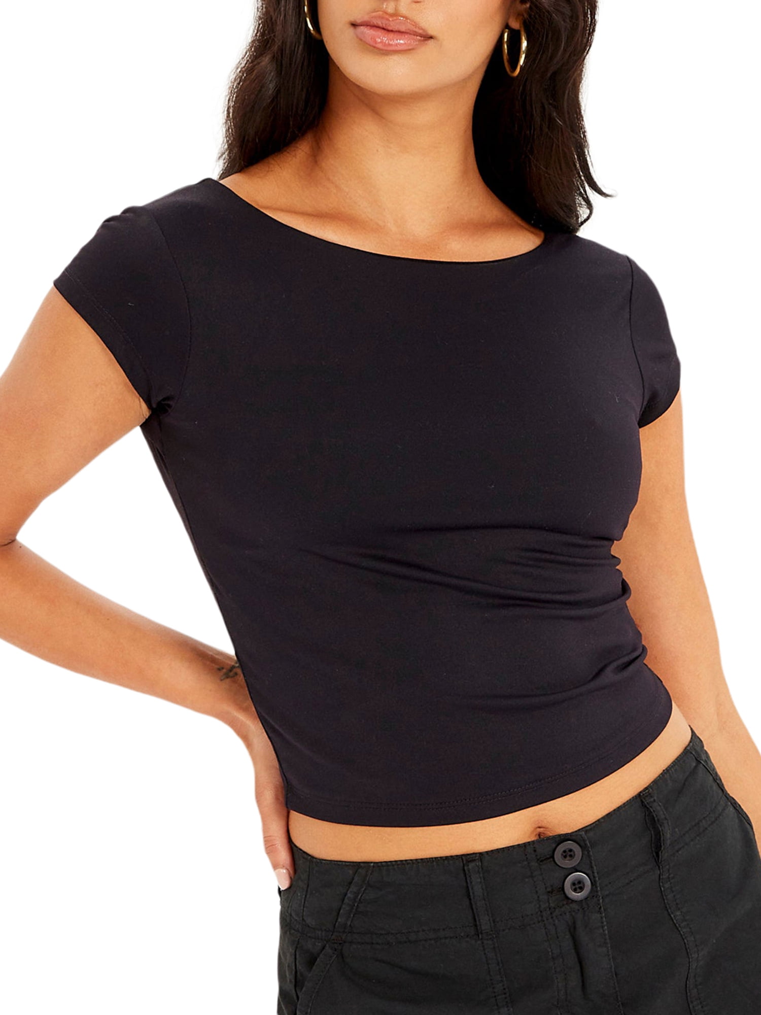 Douhoow Women Backless T-Shirts Summer Short Sleeve Solid Slim Fit Crop ...