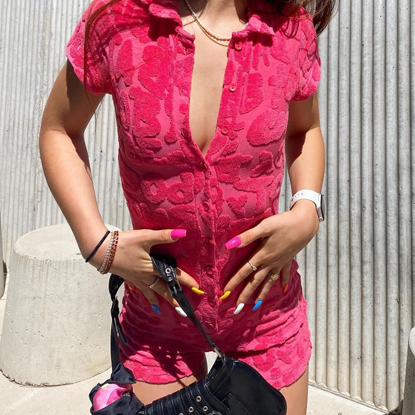 Douhoow Women Bodysuit Shorts Leotard Tops Short Sleeve Homwear Button ...