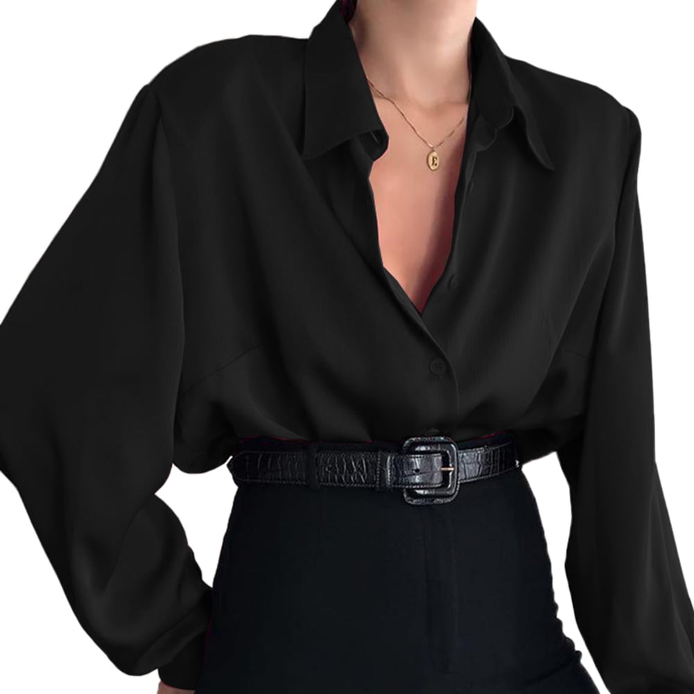 Douhoow Women Button Blouse Long Sleeve Turn Down Collar Shirt Office ...