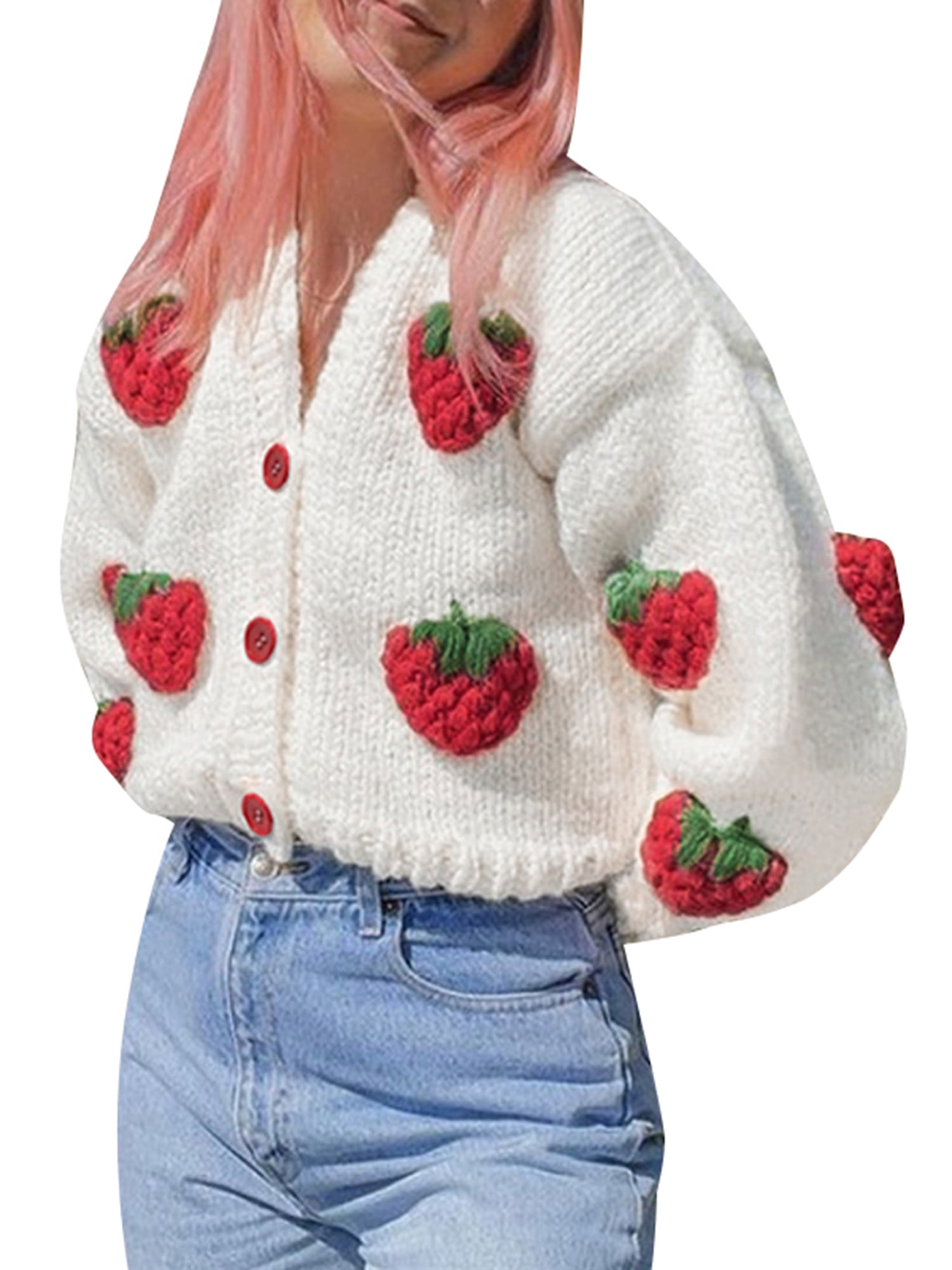 Douhoow Women Button Down Sweaters V Neck Strawberry Knit Crop Cardigan ...