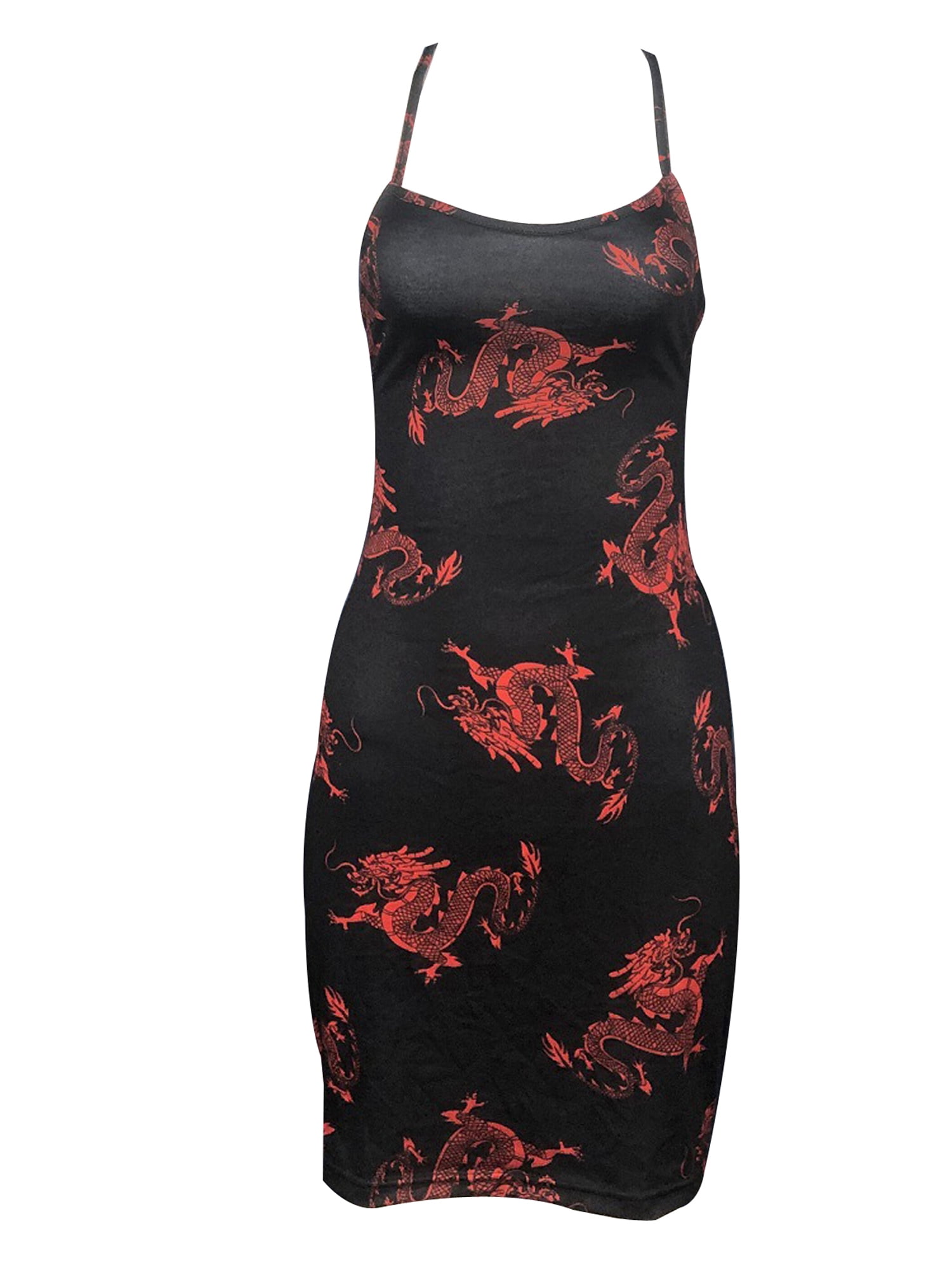 Douhoow Women Dragon Print Slip Dress Sleeveless Backless Bandage Mini ...