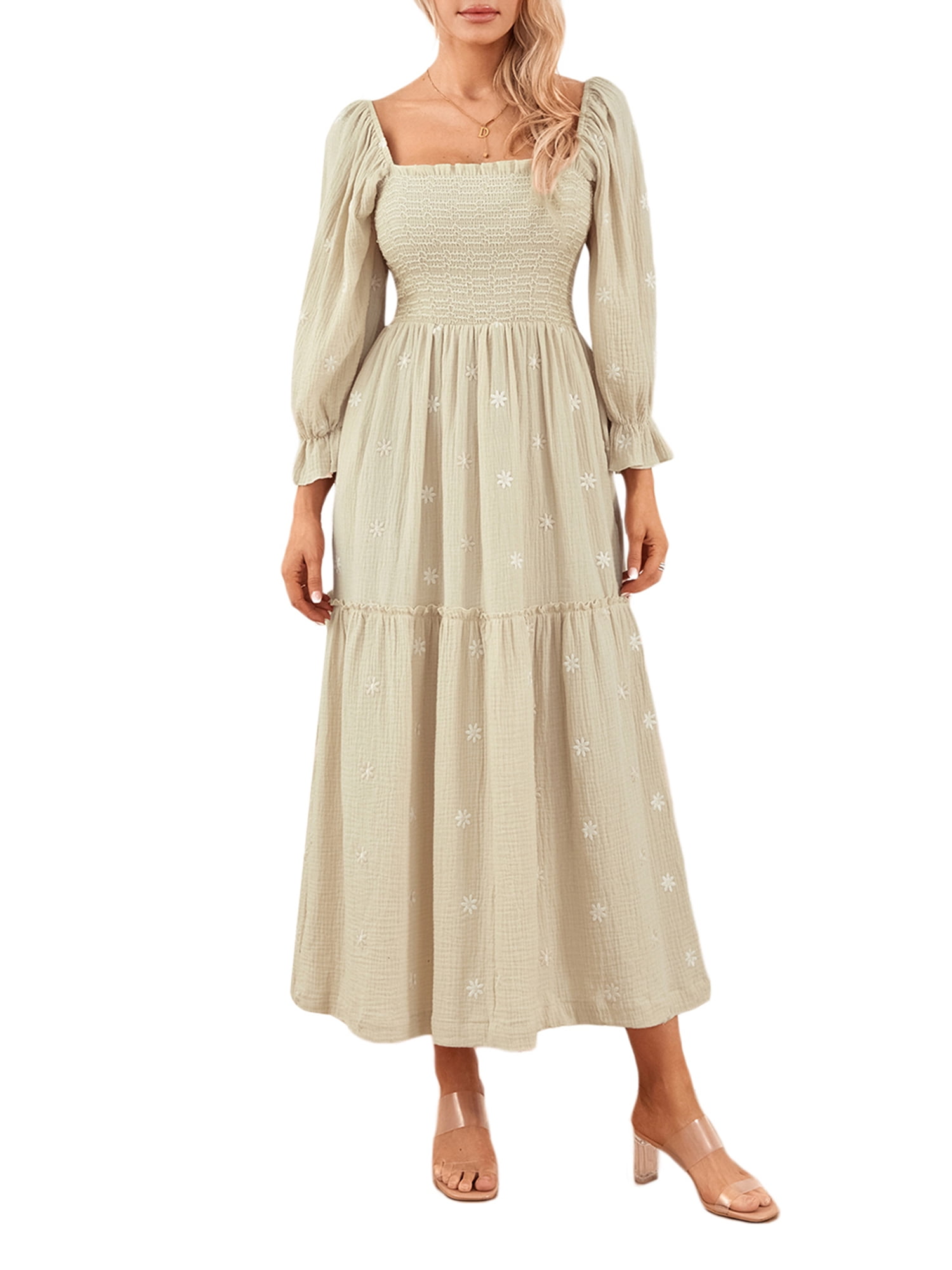 Douhoow Women Flower Embroidered Long Dress Lantern Sleeve Square Neck ...