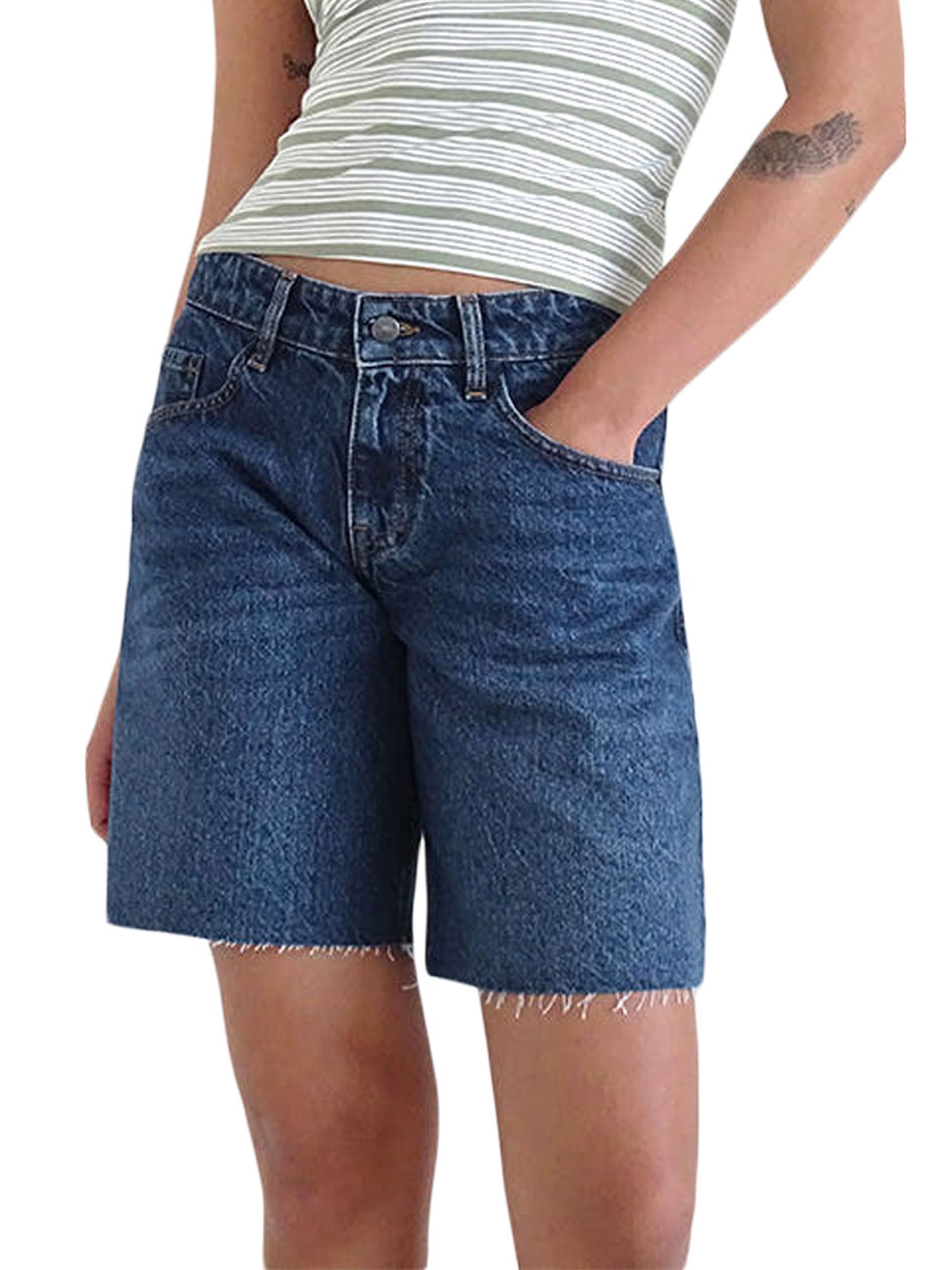 Douhoow Women Knee Length Denim Shorts Loose Fit Solid Color Wide Leg ...