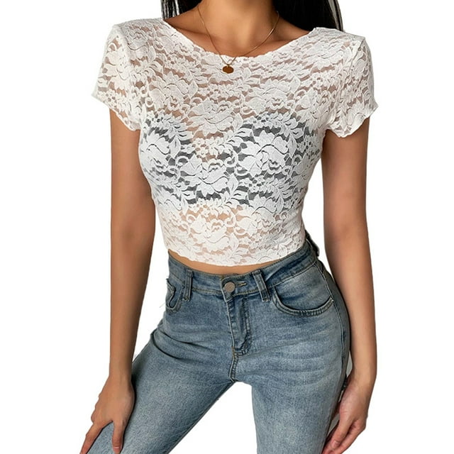 Douhoow Women Lace Crop Top V Neck Backless Lace Up See Through T Shirt ...