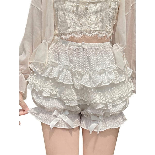 Douhoow Women Lolita Bloomers Ruffle Lace Shorts Layered Bottoms Fairy ...