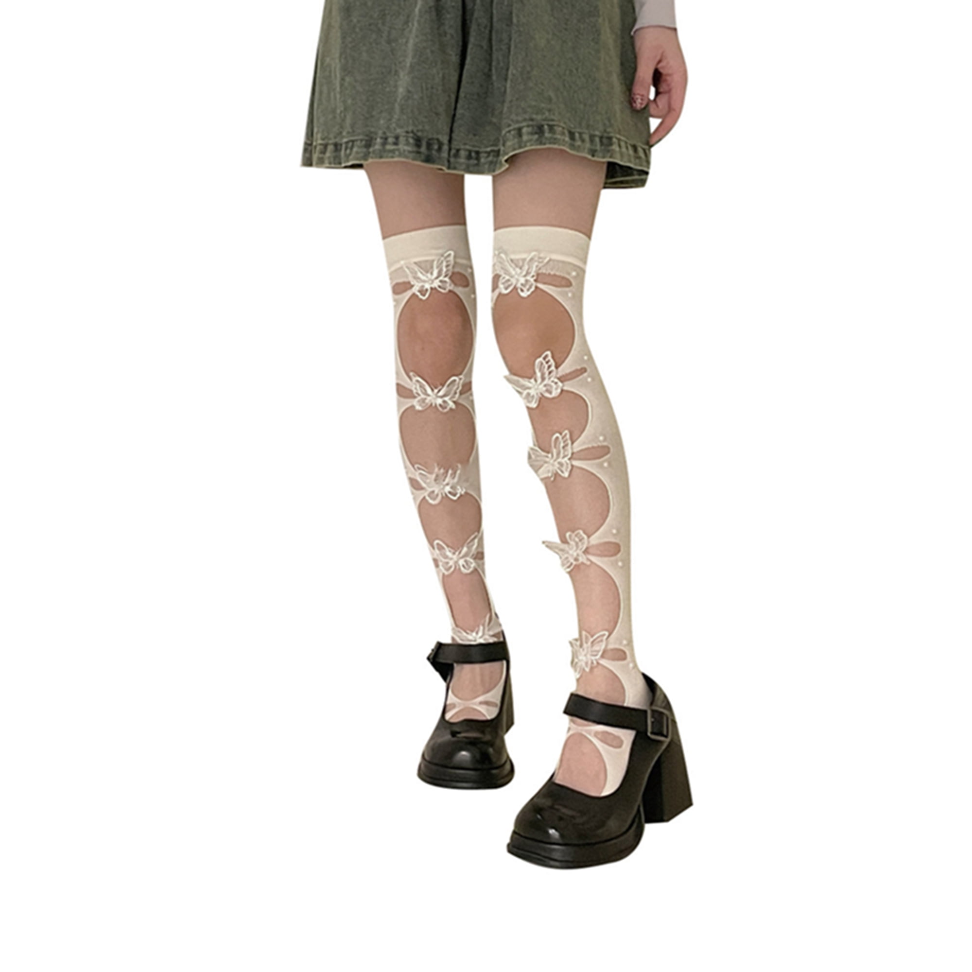 Douhoow Women Lolita Stockings Kawaii Over The Calf Socks 3D Butterfly ...