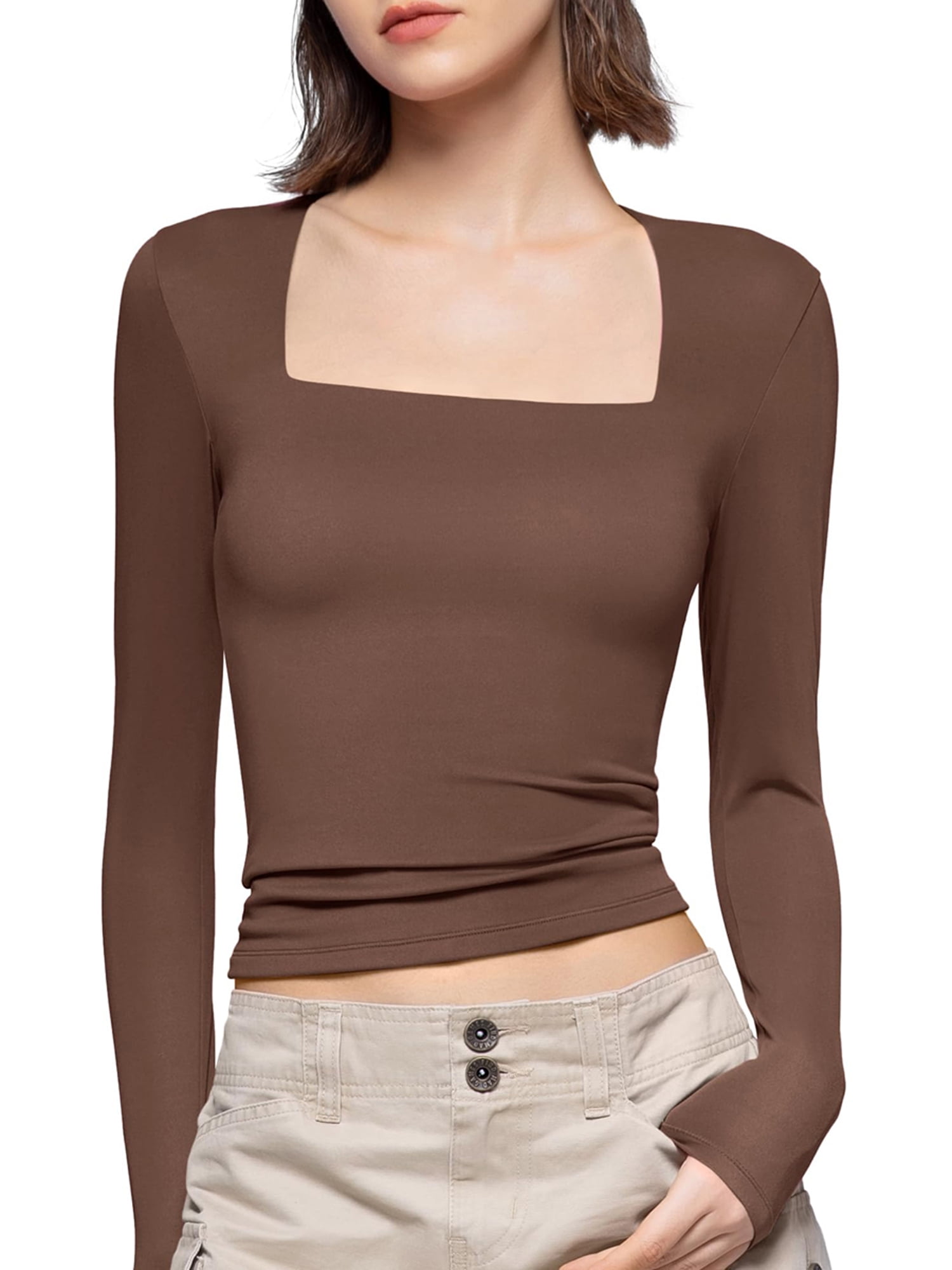 Douhoow Women Long Sleeve Crop Tops Solid Color Square Neck Slim Fitted ...