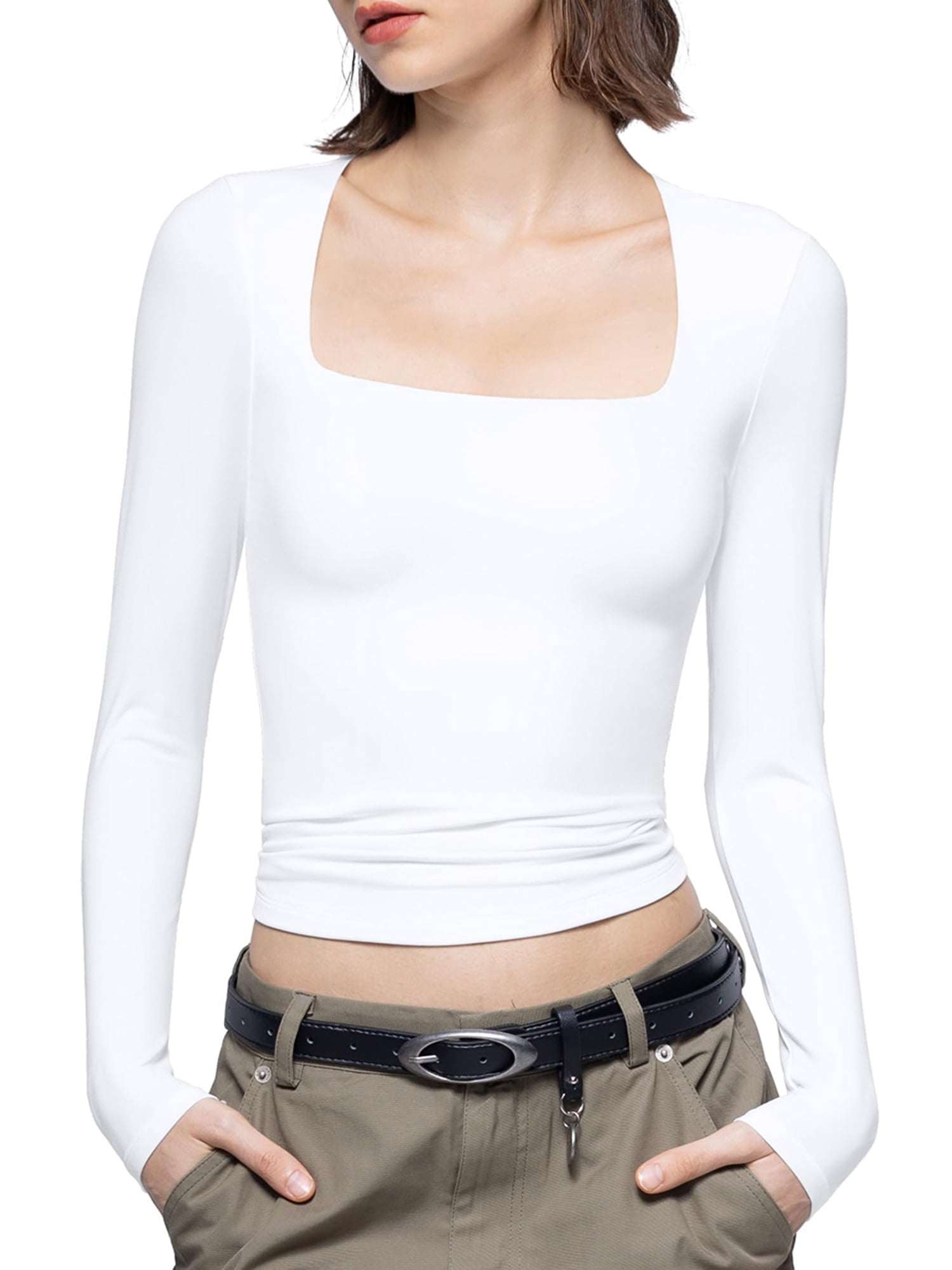 Douhoow Women Long Sleeve Crop Tops Solid Color Square Neck Slim Fitted ...