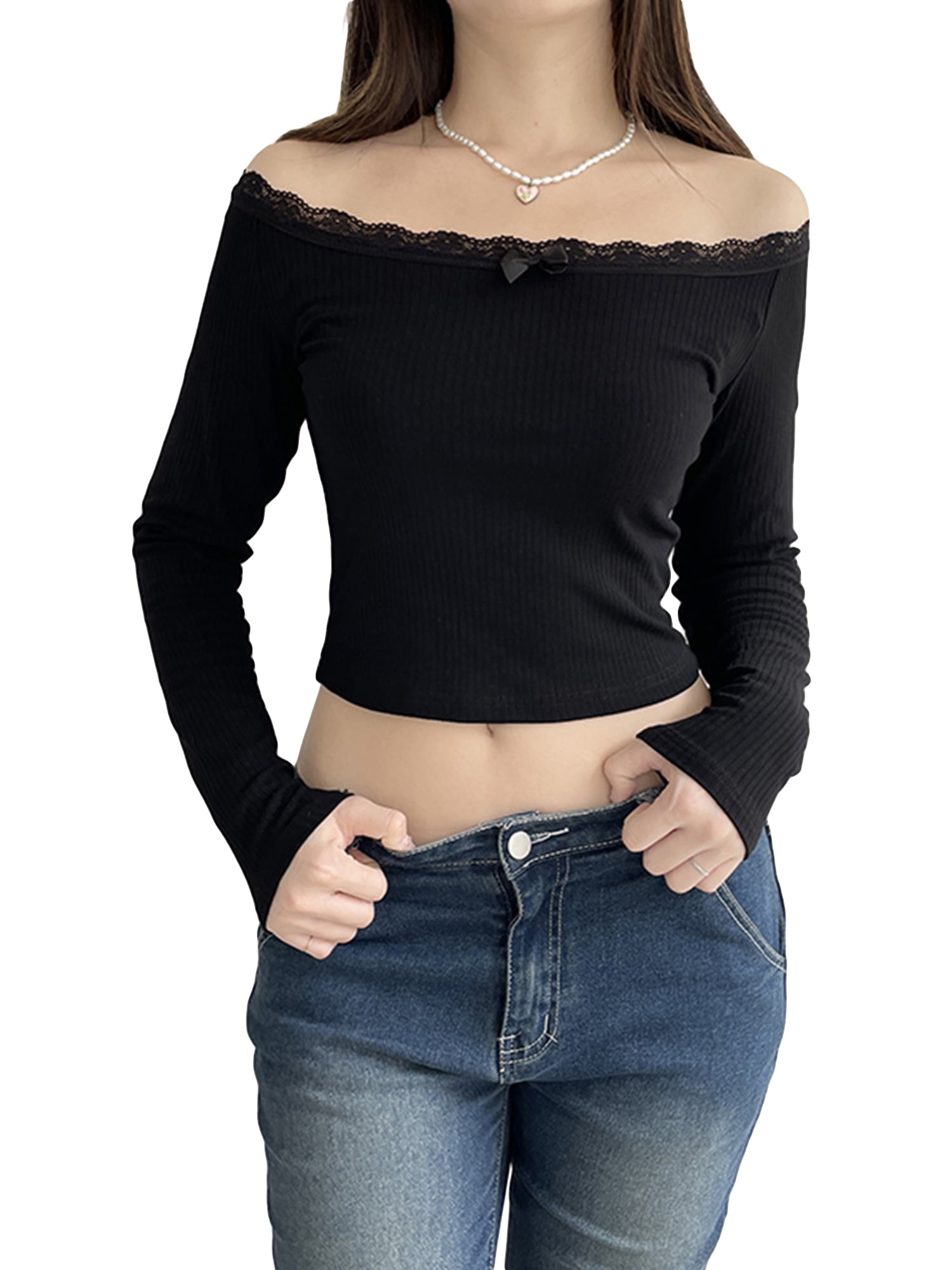 Douhoow Women Off Shoulder Crop Tops Lace Patchwork Long Sleeve Slim ...