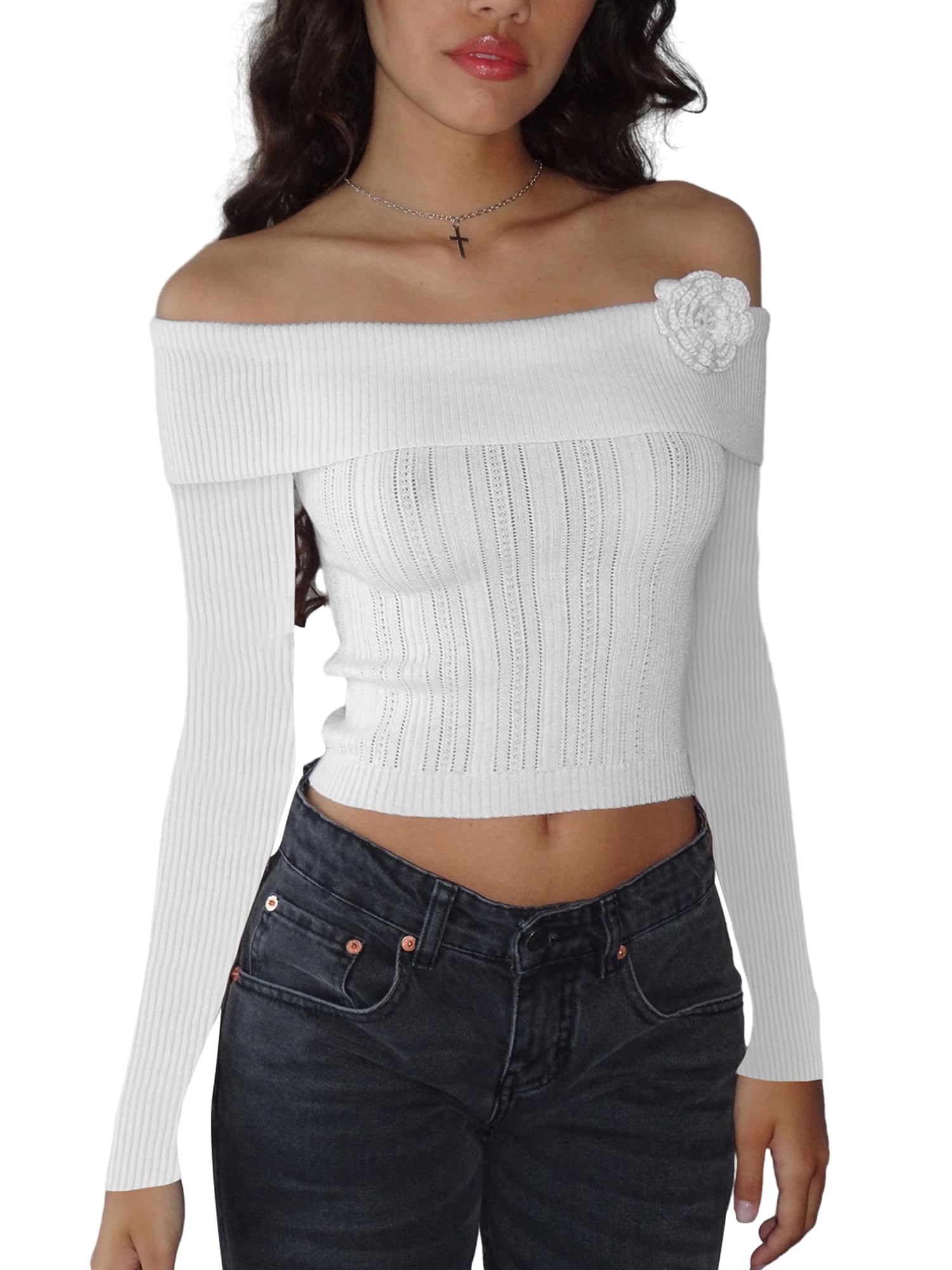 Douhoow Women Off Shoulder Knit Crop Tops Solid Color Long Sleeve ...