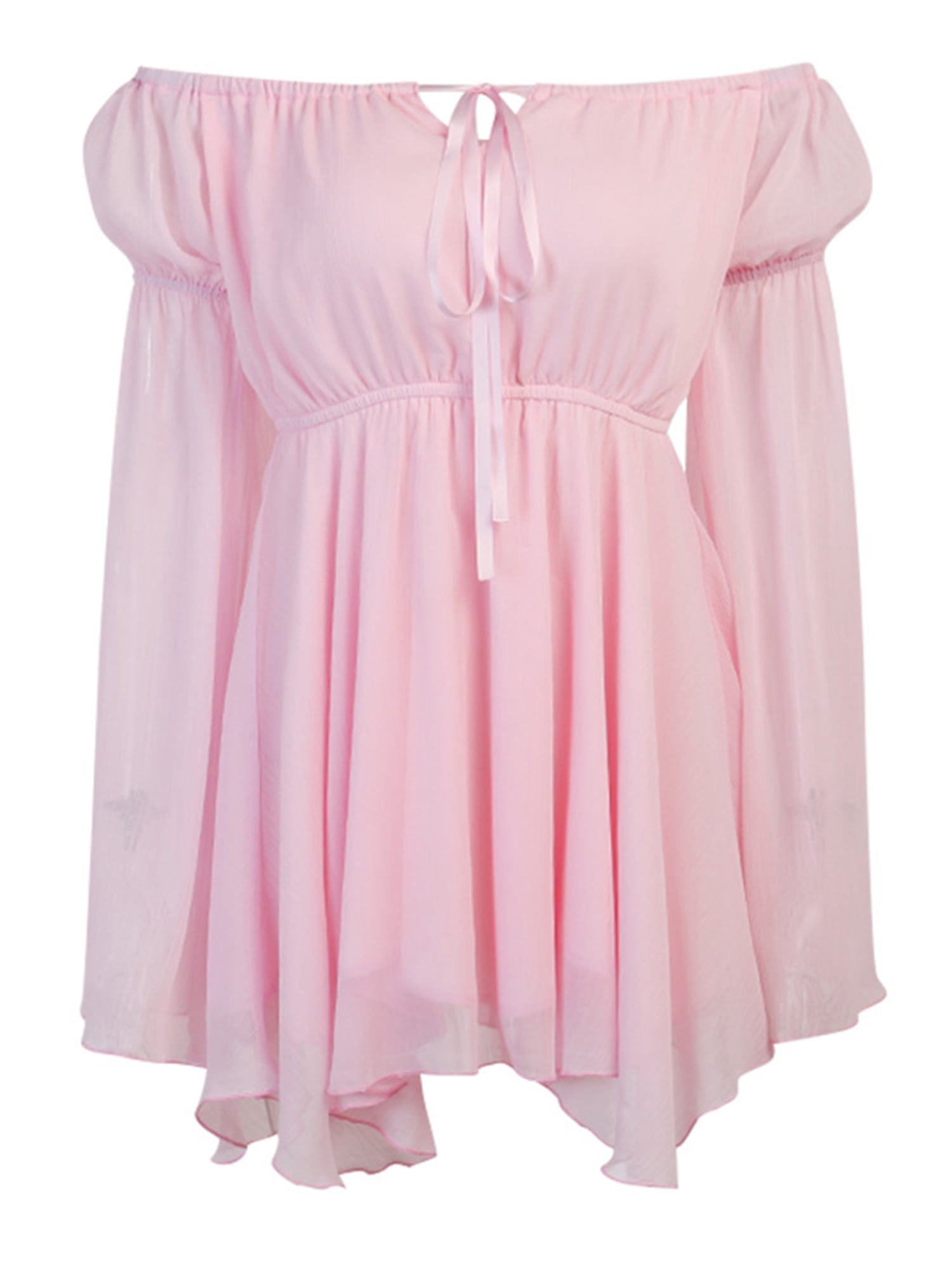 Douhoow Women Off Shoulder Mesh Mini Dress Flare Sleeve Bandage Pleated ...