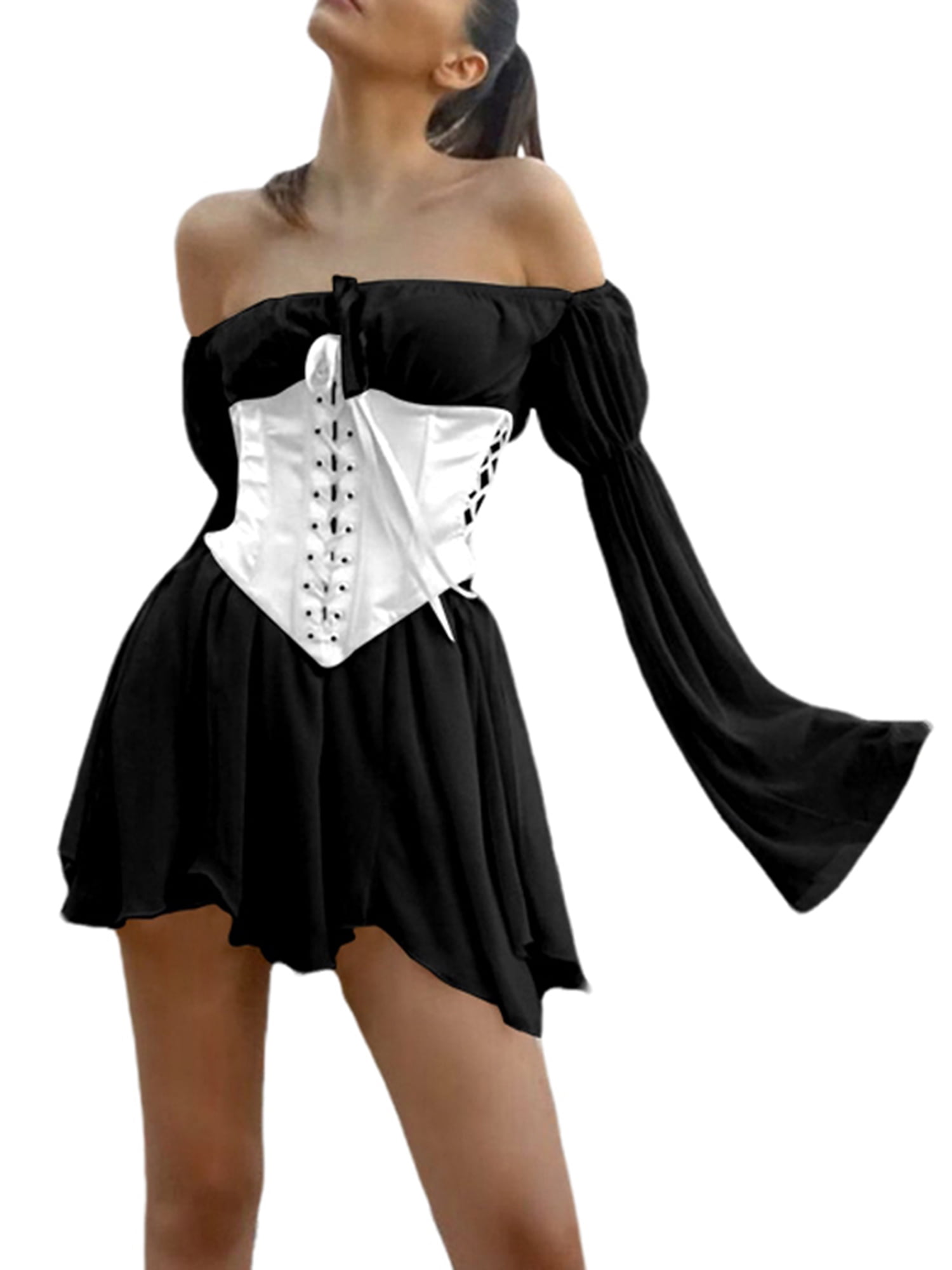 Douhoow Women Off Shoulder Mesh Mini Dress Flare Sleeve Bandage Pleated ...