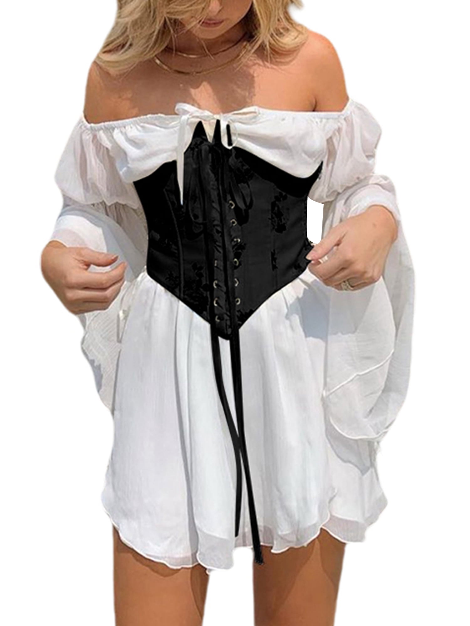 Douhoow Women Off Shoulder Mesh Mini Dress Flare Sleeve Bandage Pleated ...