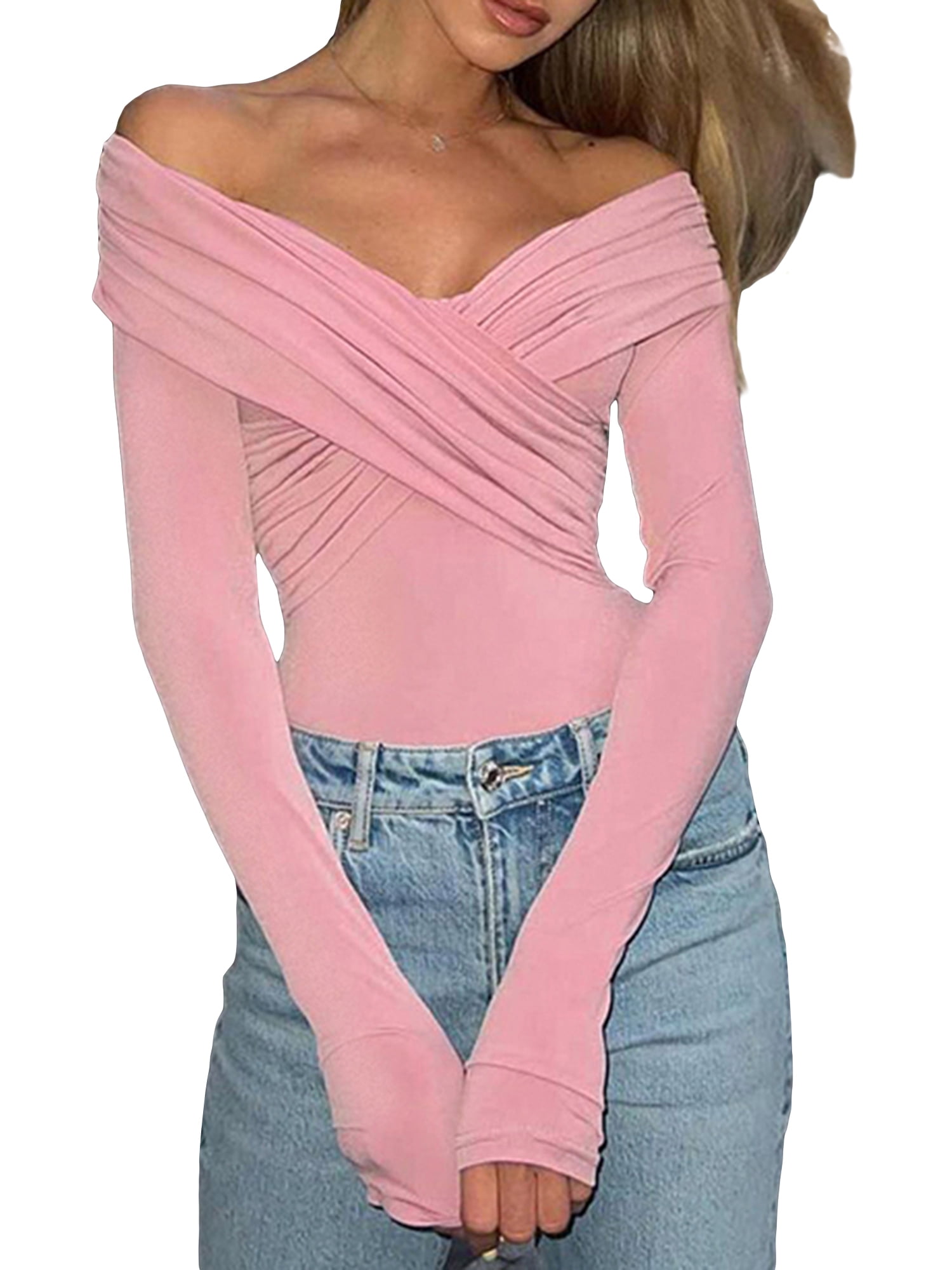 Douhoow Women Off Shoulder Shirts Fashion Front Cross Long Sleeve Slim ...