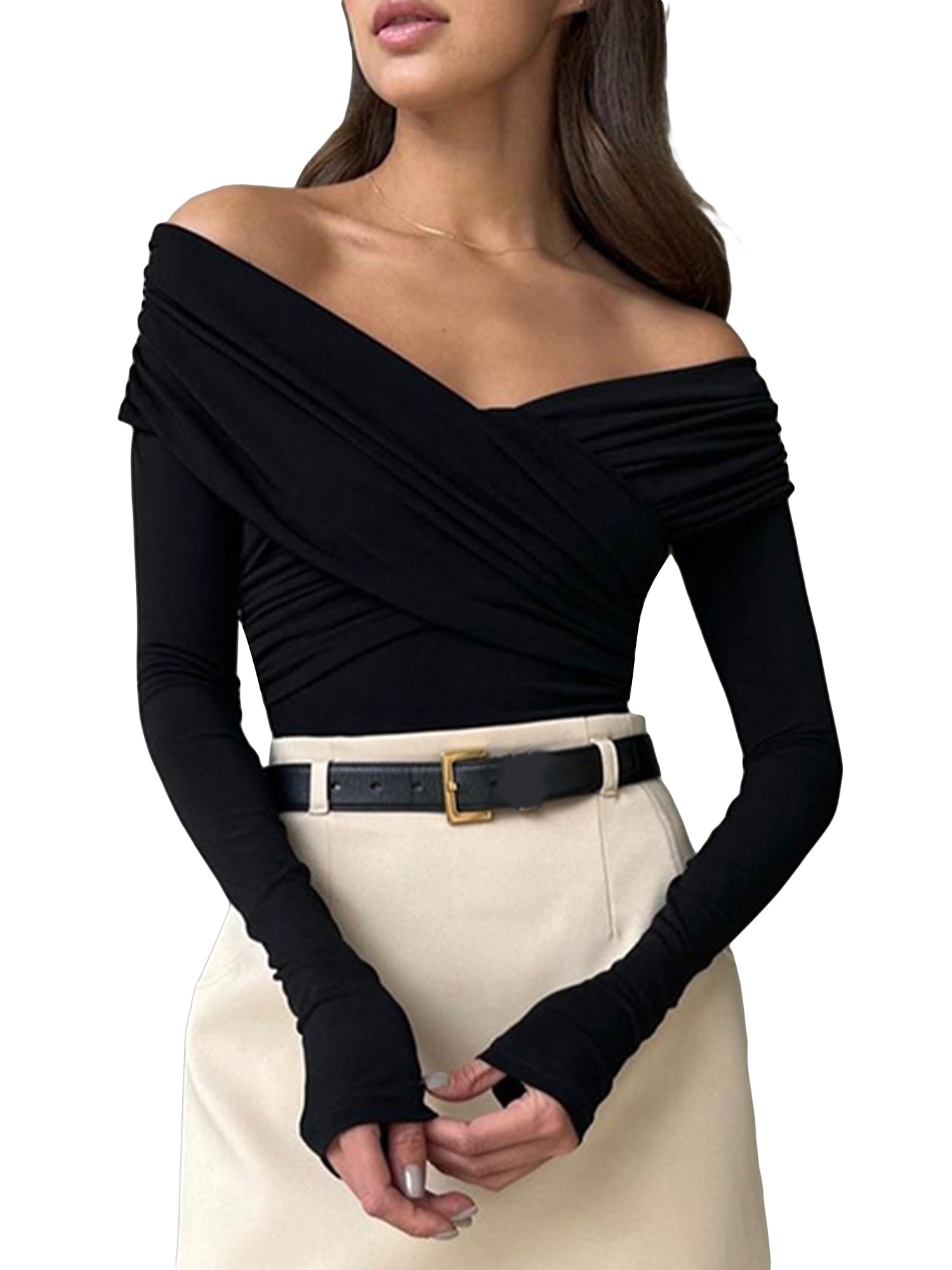 Douhoow Women Off Shoulder Shirts Fashion Front Cross Long Sleeve Slim ...