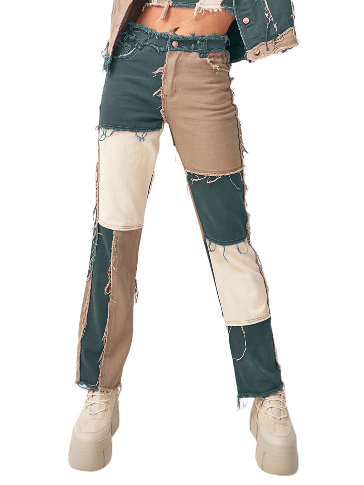 Douhoow Women Patch Straight Leg Jeans High Waist Patchwork Denim Pants ...