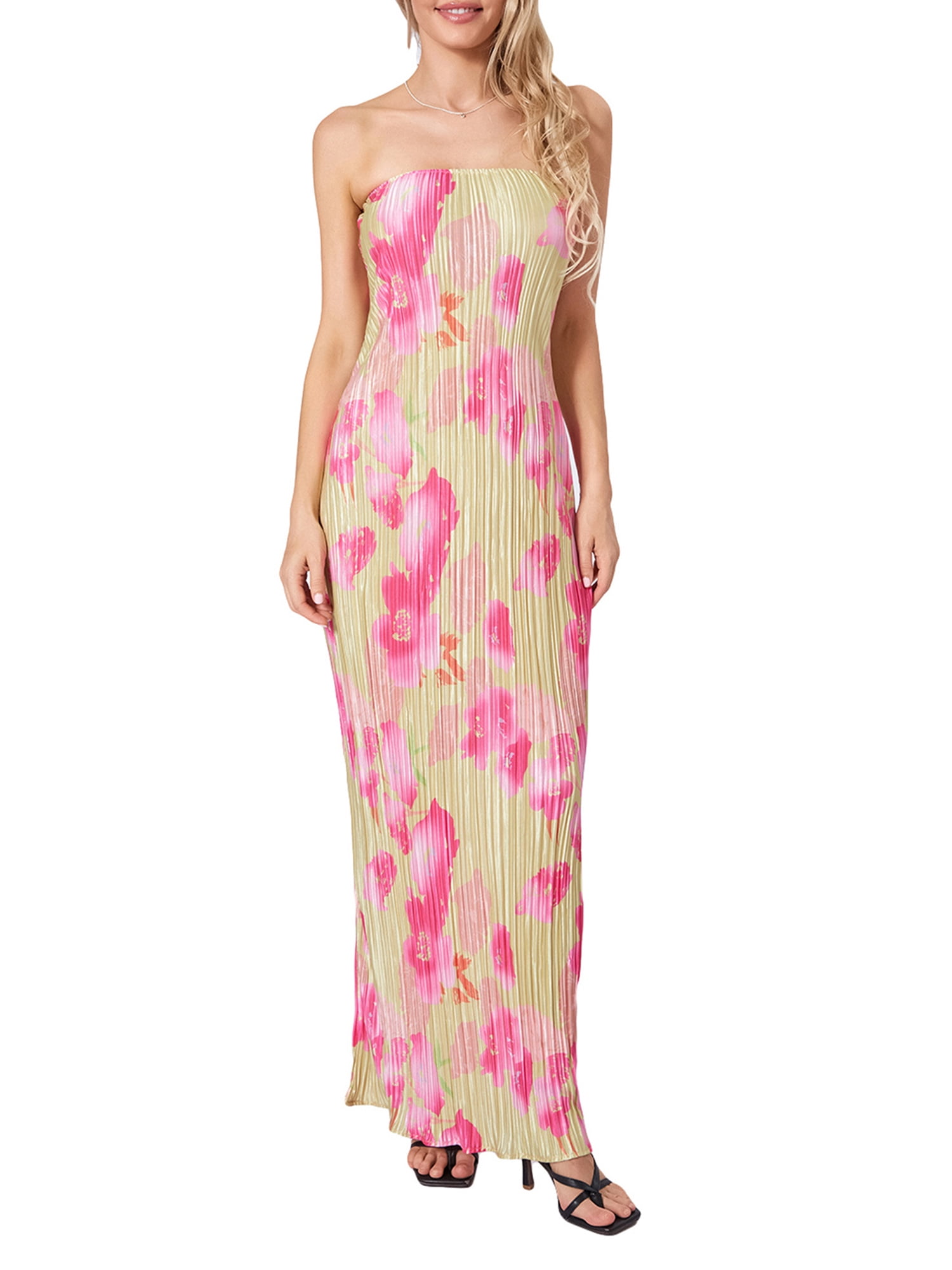 Douhoow Women Pleated Floral Tube Dress Sleeveless Off Shoulder Long ...