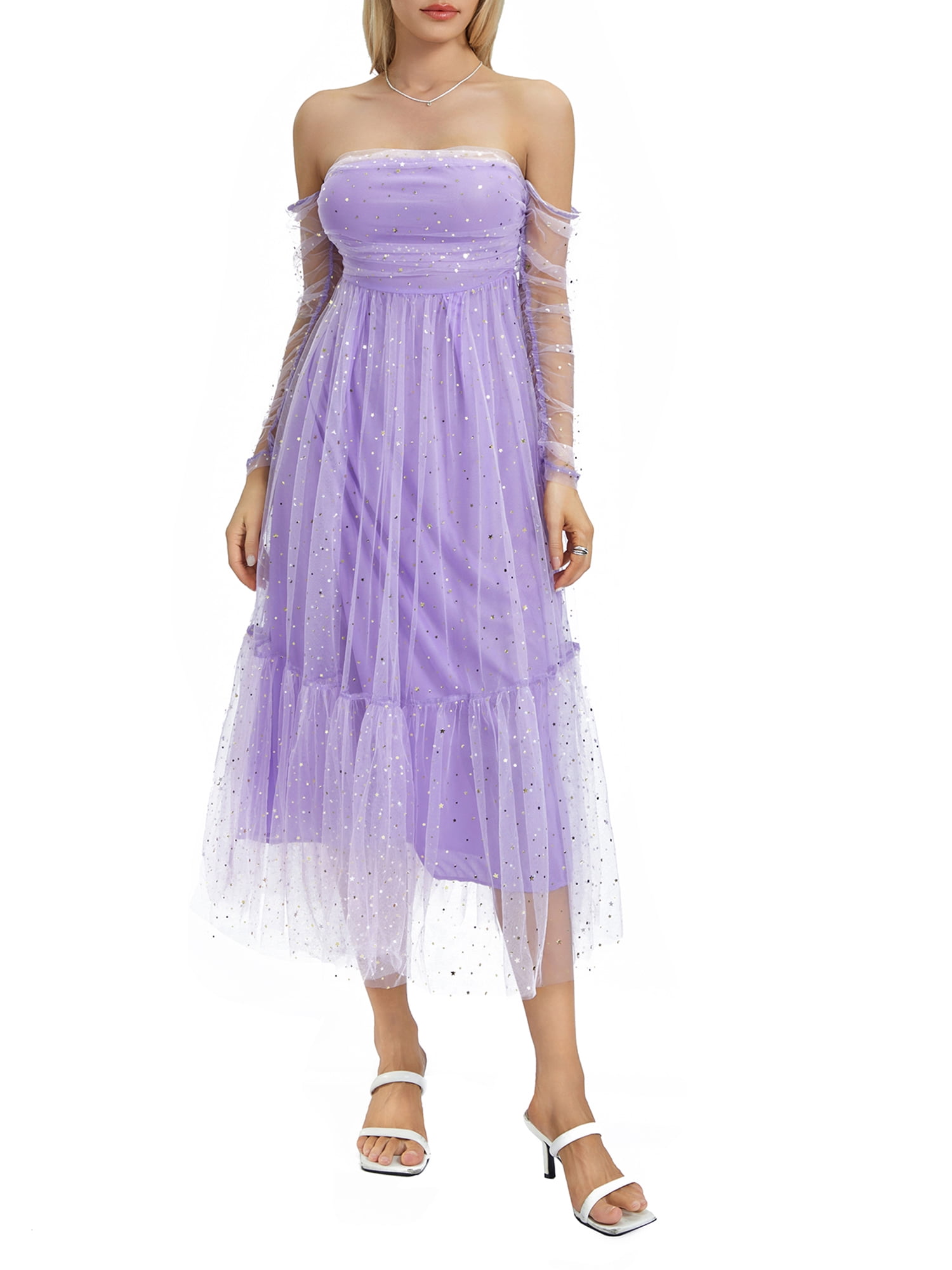 Douhoow Women Purple Tulle Dress Off Shoulder Long Sleeve Mesh Sequins ...